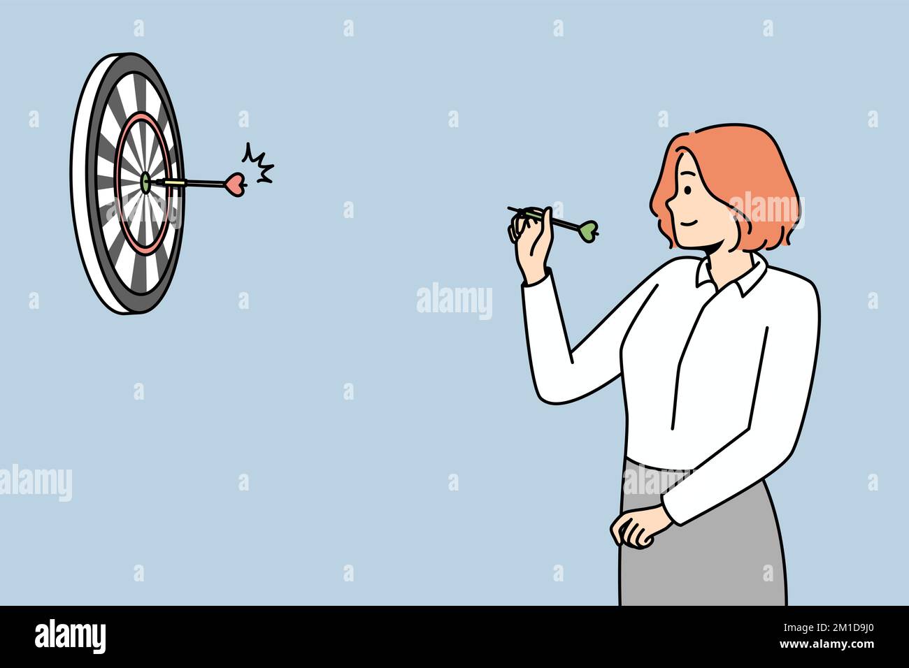 Girl throwing darts at target at wall. Businesswoman aiming arrow at ...