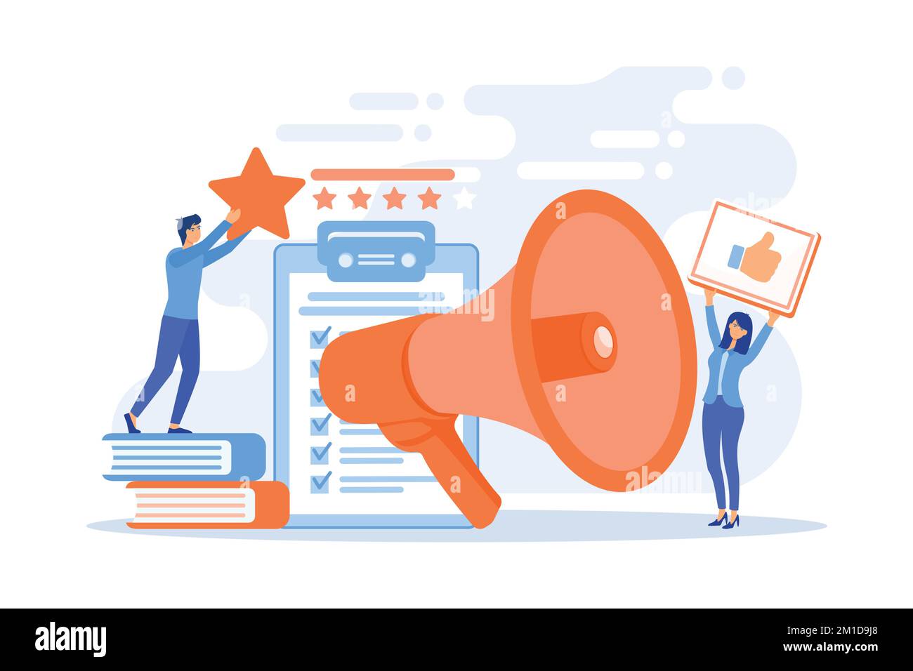 Megaphone and businessmen rate with stars and thumb up icons. Rank and ...