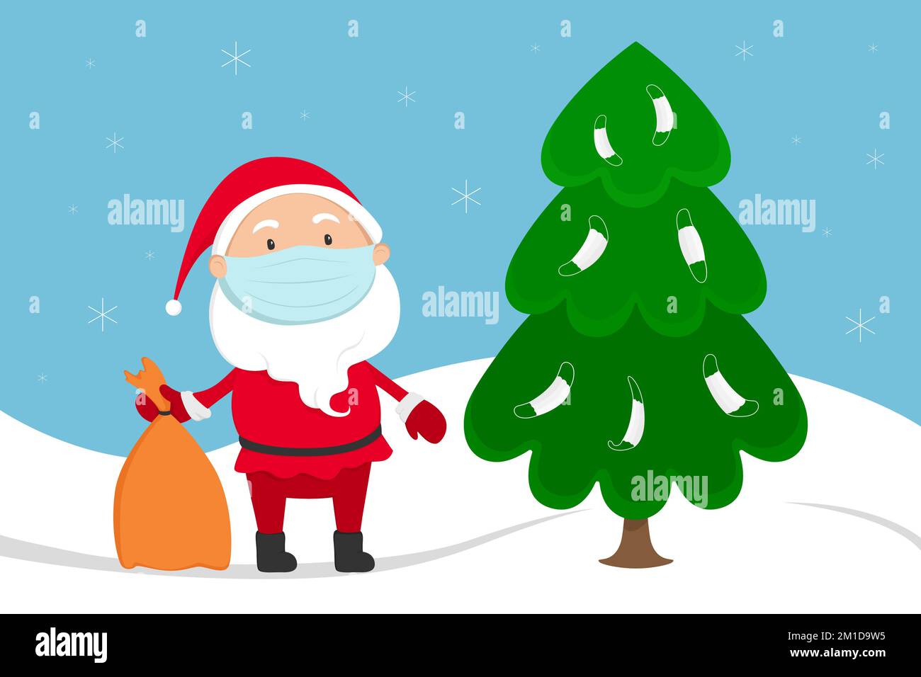 Santa Claus in medical mask stand near Christmas tree. Cartoon. Vector ...