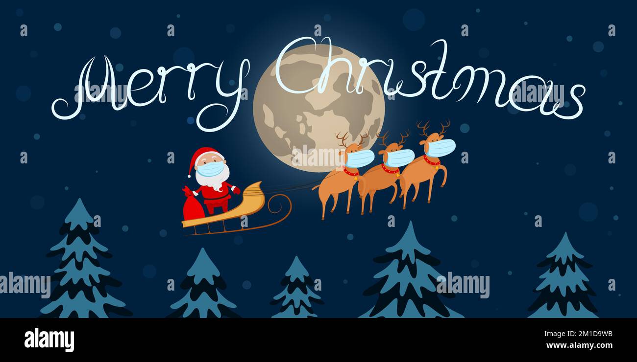 Conceptual Christmas greeting card. Santa Claus and reindeer team in ...