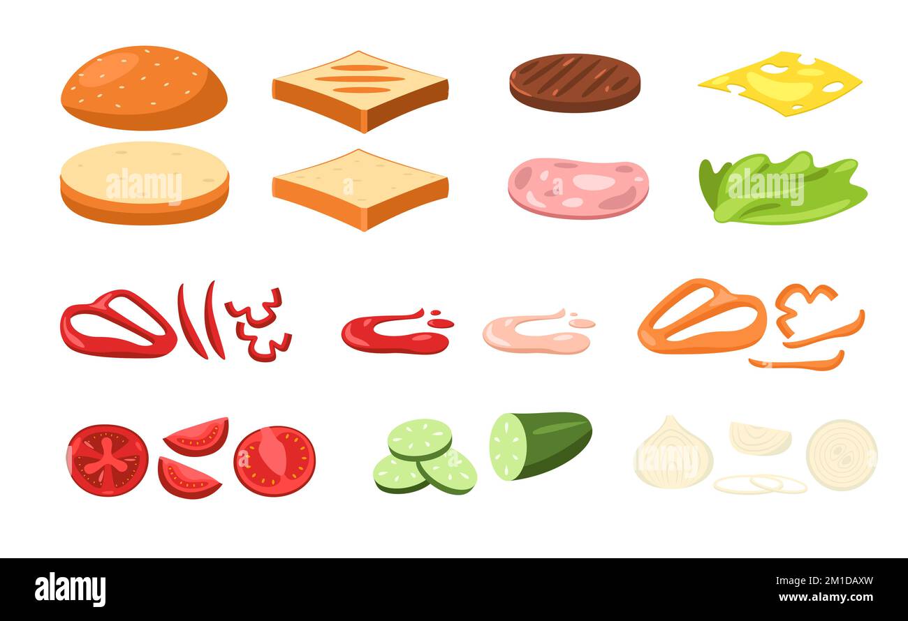 Sandwich ingredients. Cartoon healthy toast with chopped organic ...