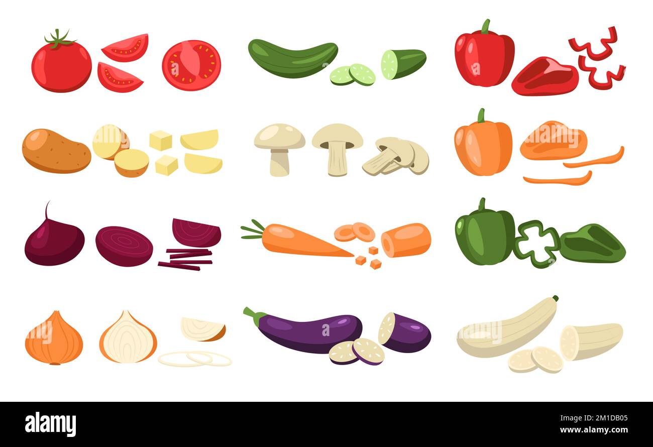 Sliced vegetables. Cartoon whole chopped green organic food, natural ...