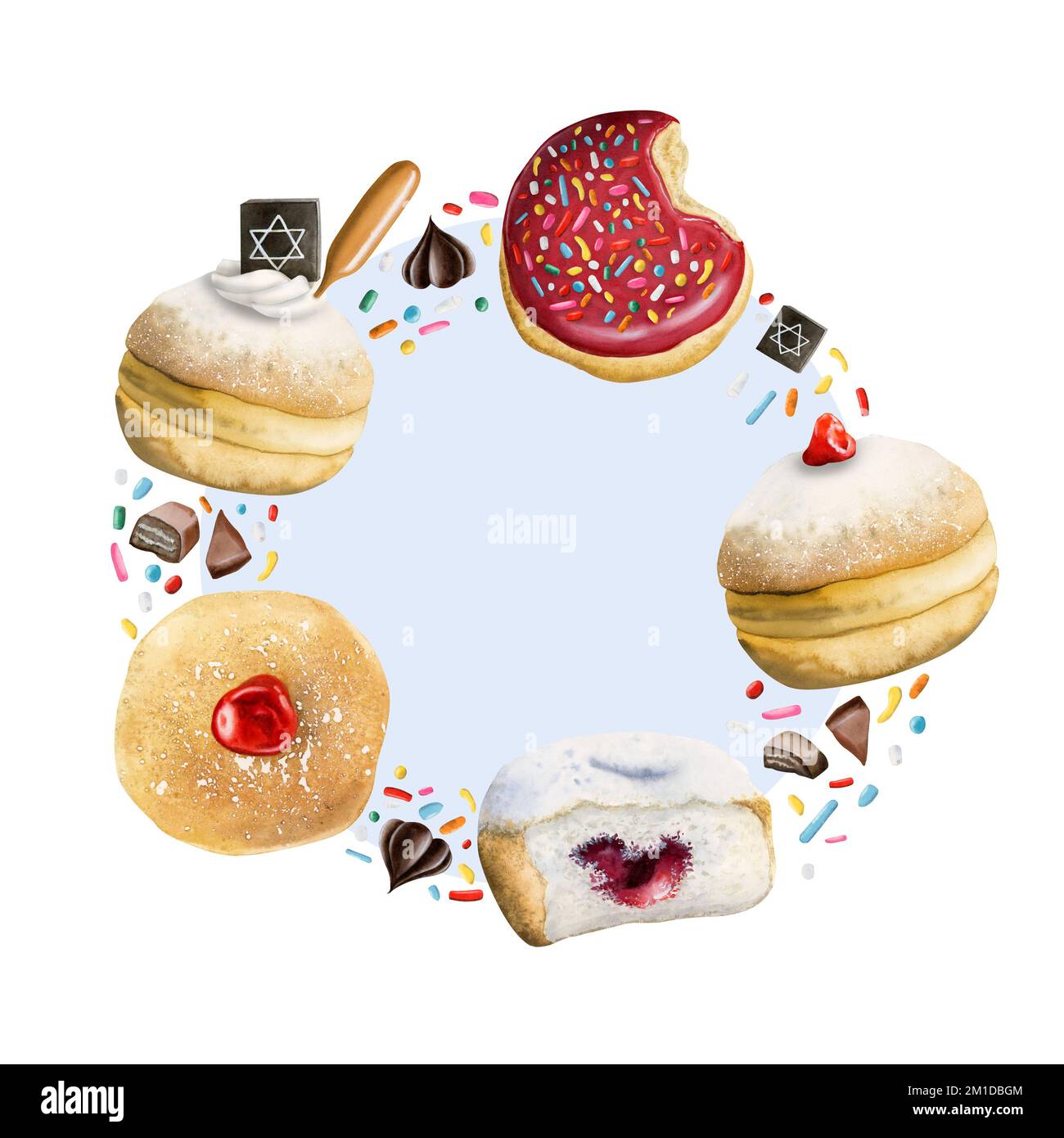 Round frame for Hanukkah on light blue background, hand drawn ...