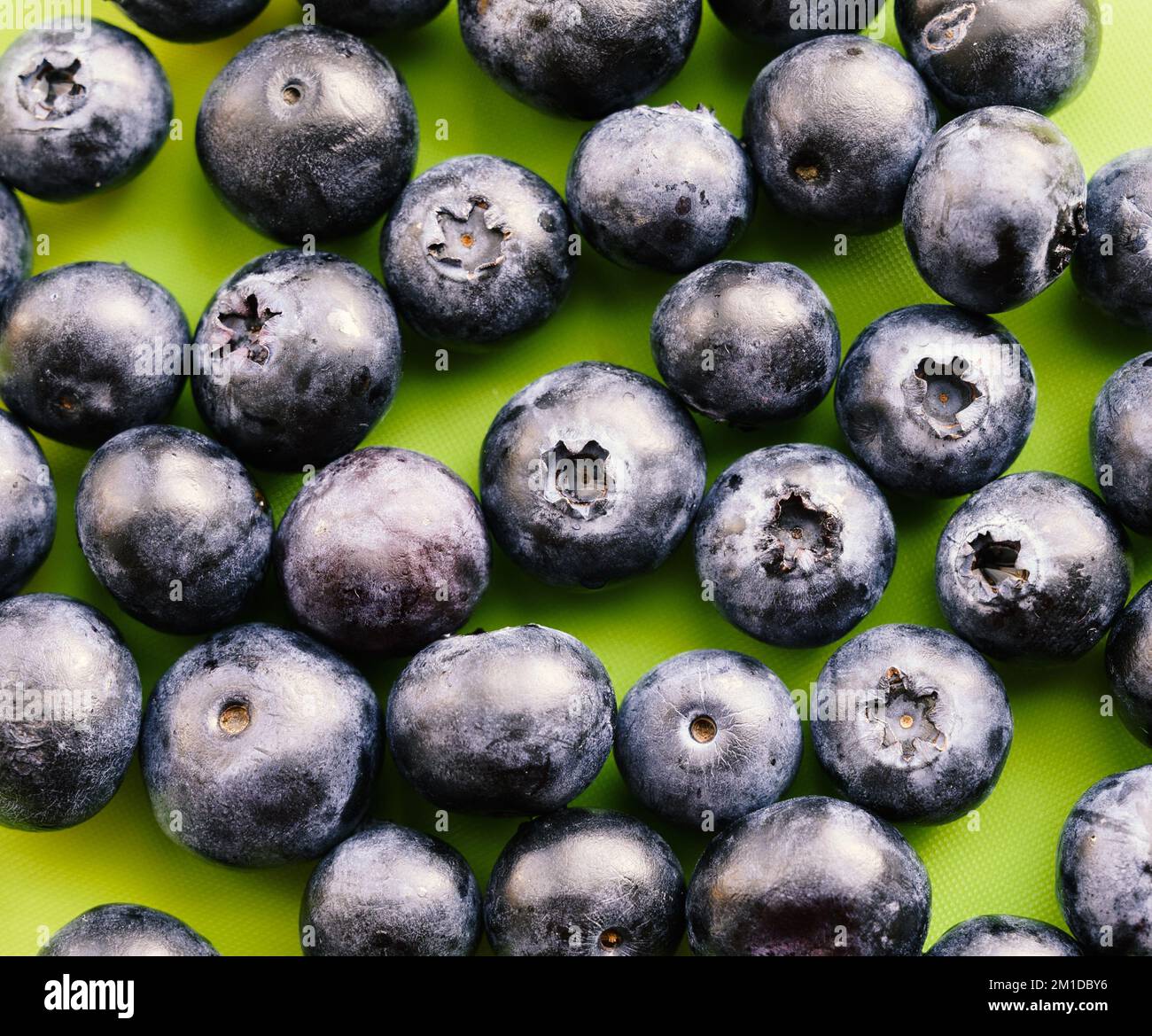 Natural looking blueberries on green background. Top view. Selective ...