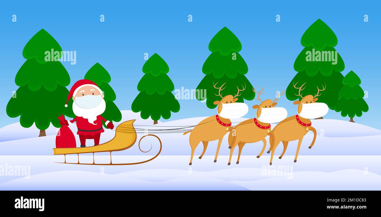 Santa Claus in medical mask riding on reindeer sleigh. Cartoon. Vector ...