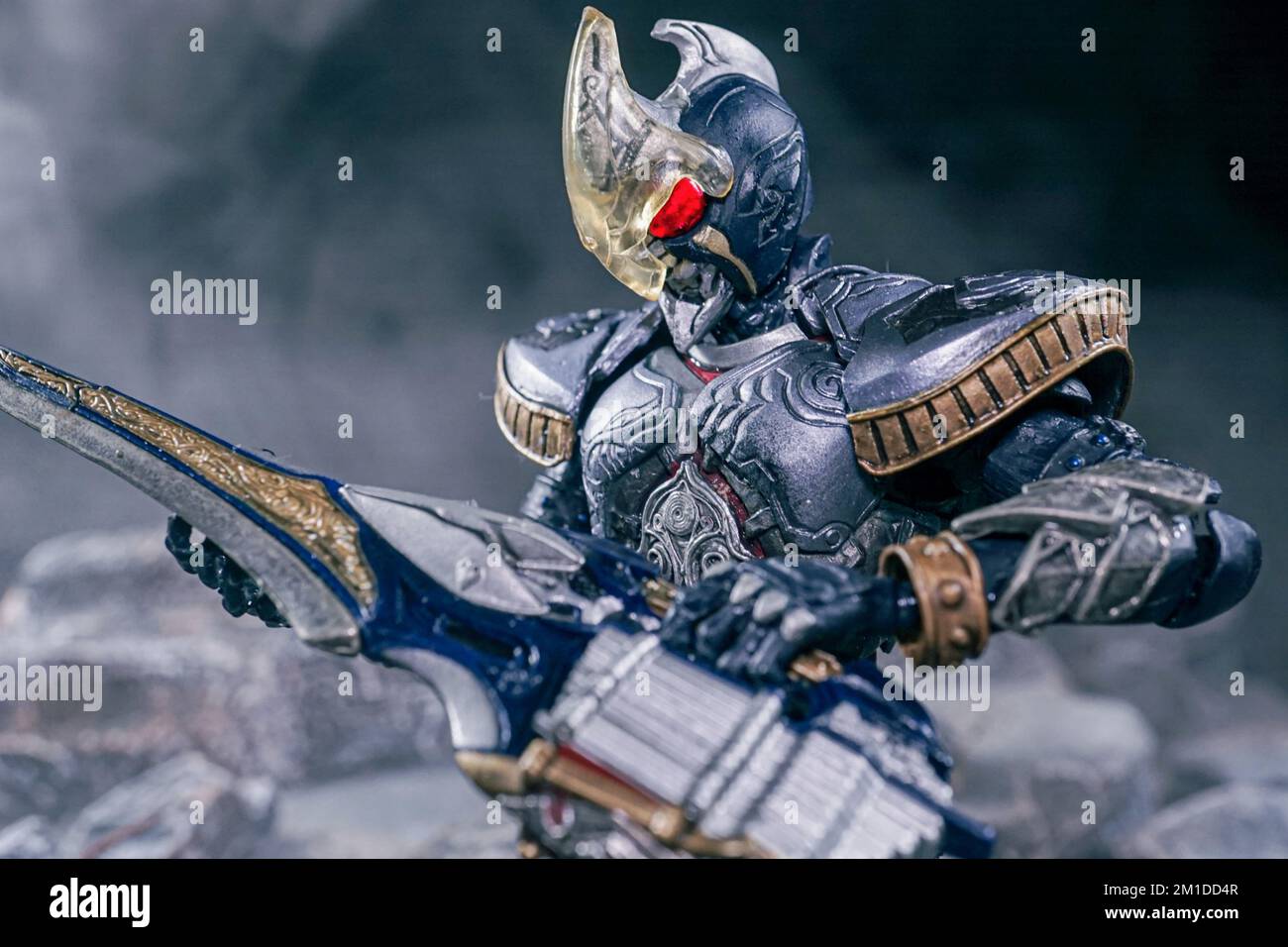 A closeup shot of SIC Kamen Rider Blade Ace Form figure on dark background filled with smoke ...