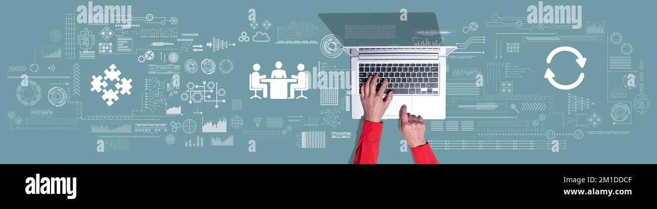 Top view of hands using laptop with symbol of meeting concept Stock ...