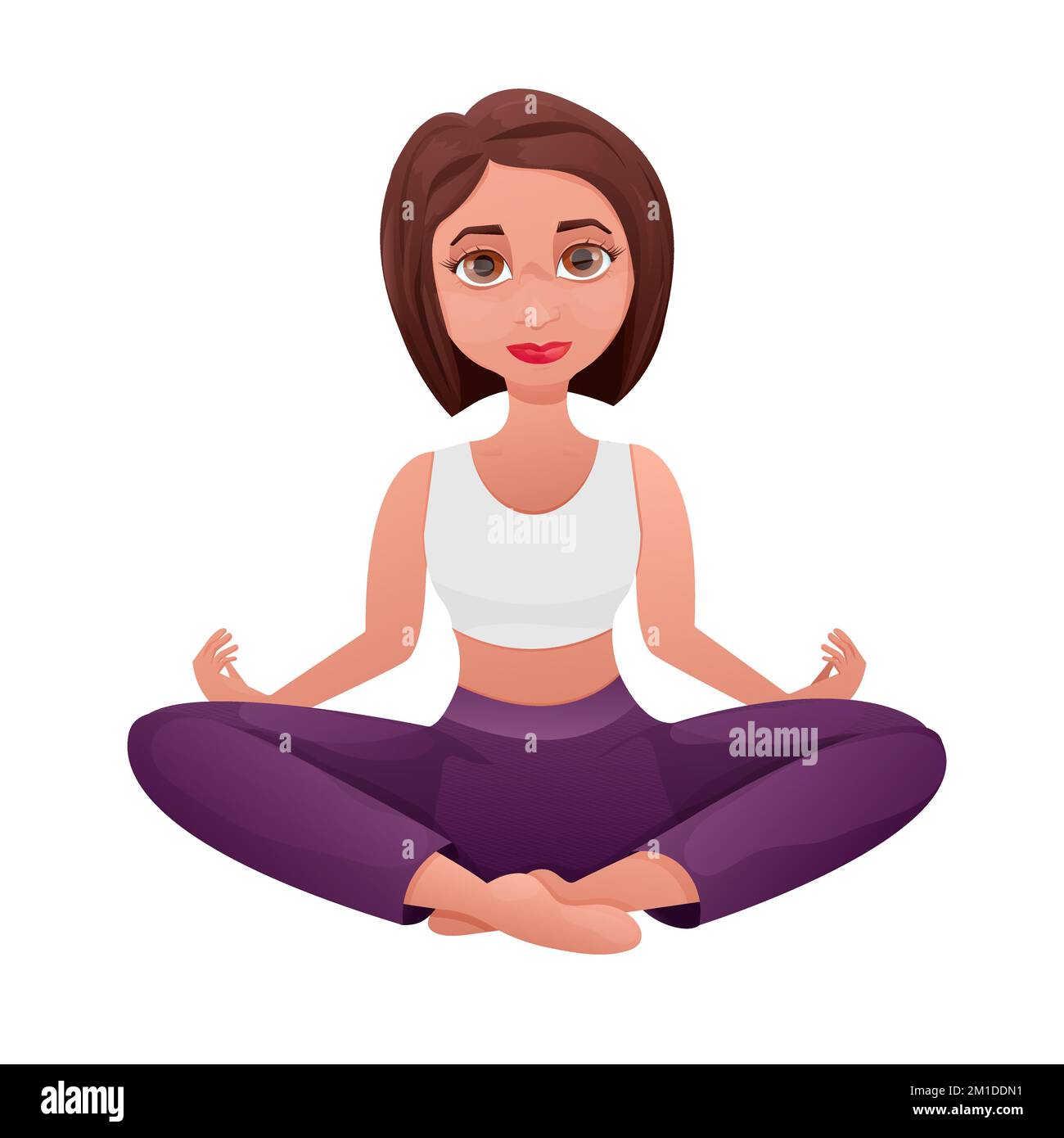 Meditation female character sitting in lotus pose, back view in cartoon ...