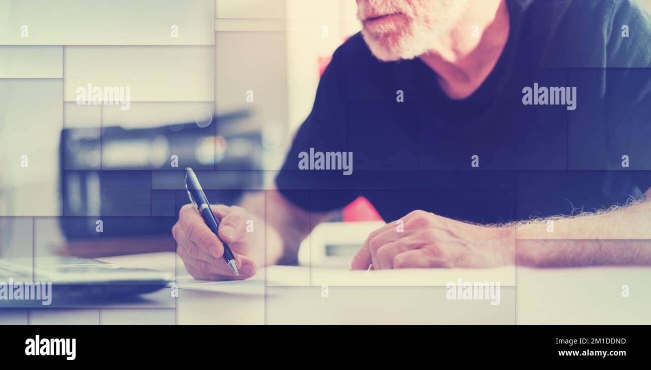 Senior man working in office, hard light effect, geometric pattern ...