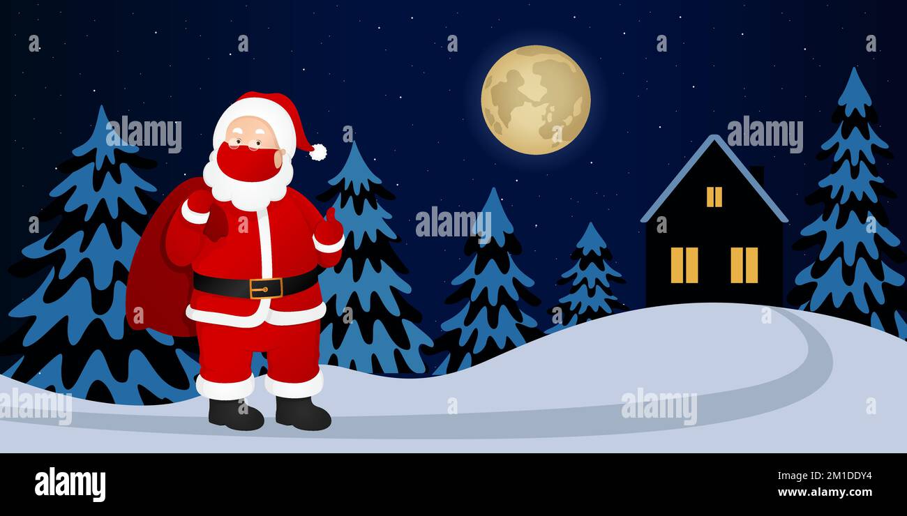 Santa Claus in face mask carries sack with gifts. Vector illustration ...