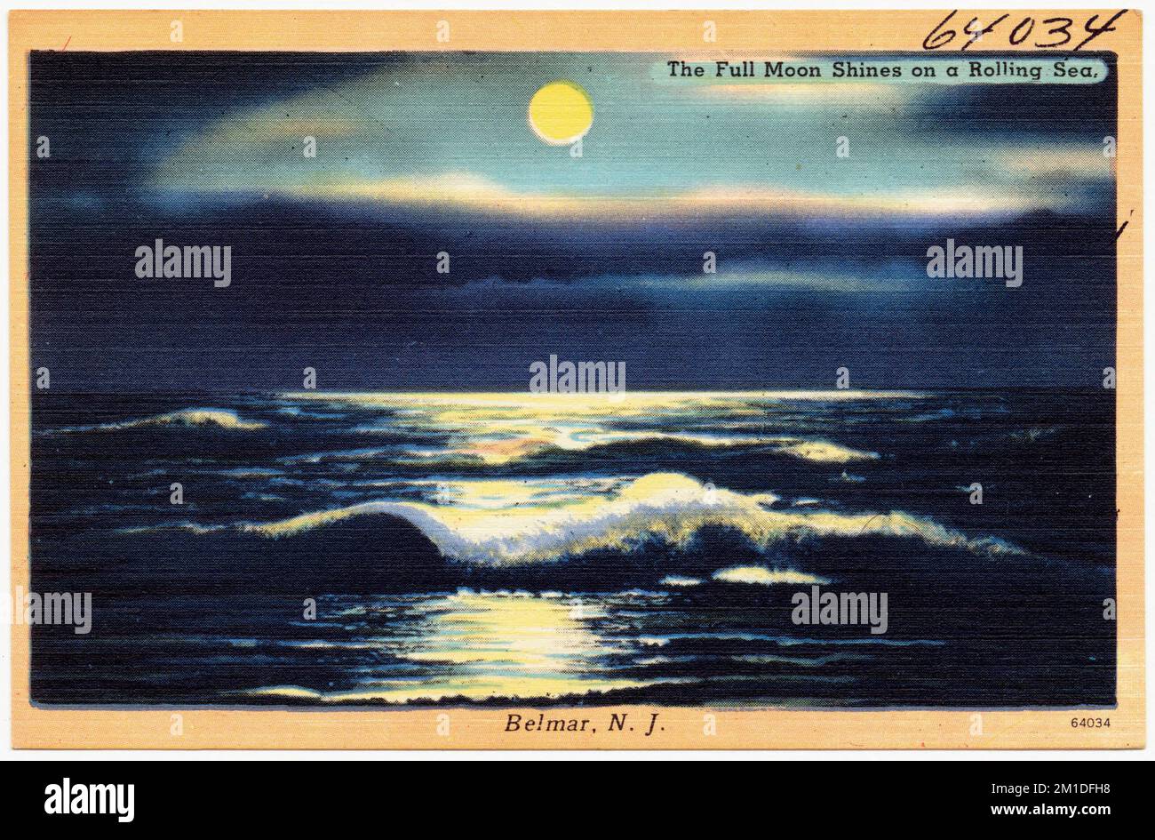 The full moon shines on a rolling sea, Belmar, N. J. , Seas, Tichnor ...