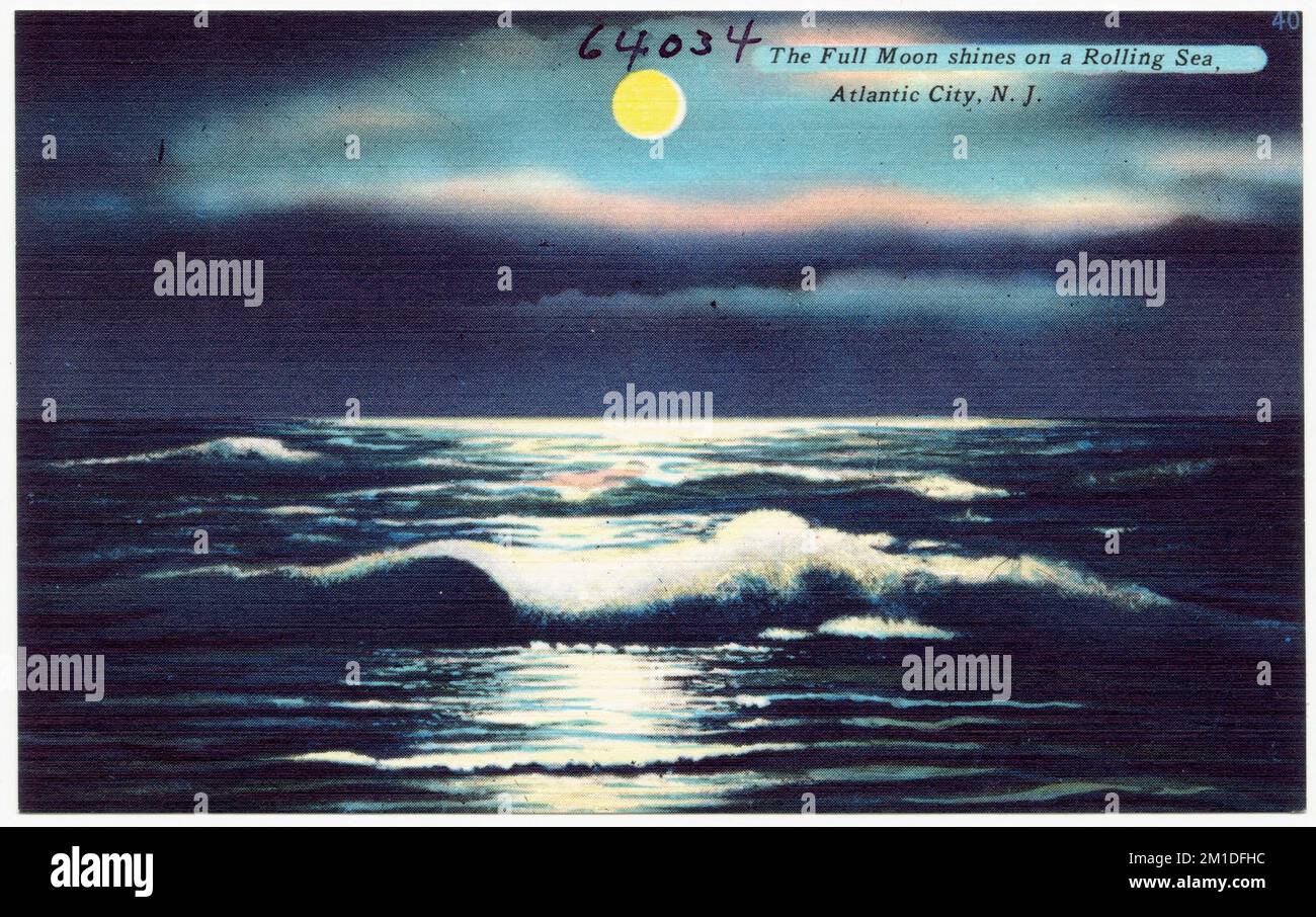 The full moon shines on a rolling sea, Atlantic City, N. J. , Beaches ...