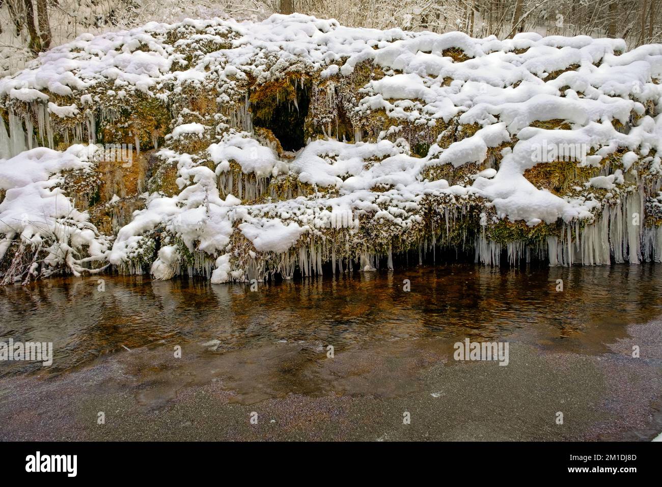 Freshwater limestone outcrop. Raunas Staburags is frozen with icicles ...