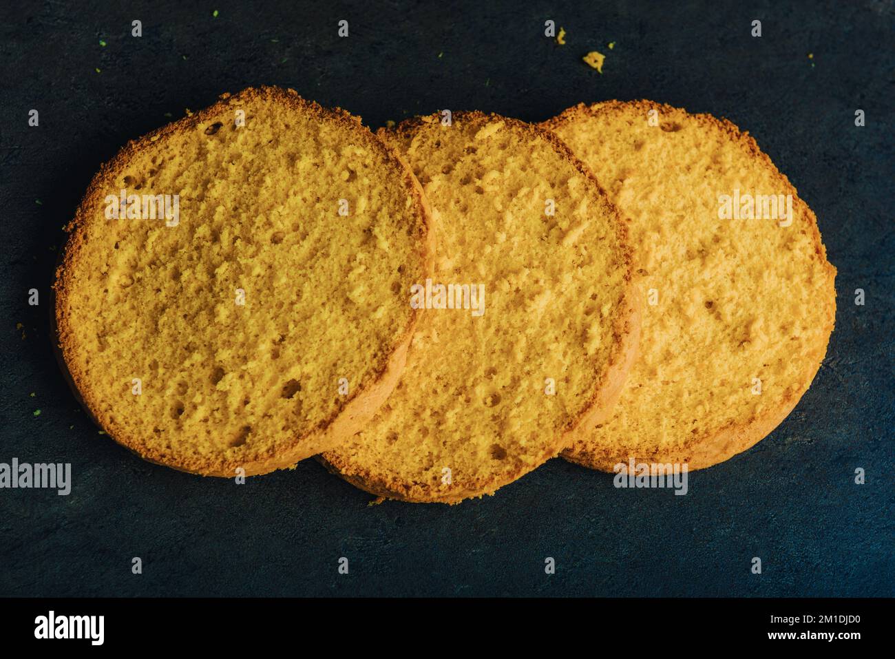 Three layers of a traditional sponge cake side by side on a dark ...
