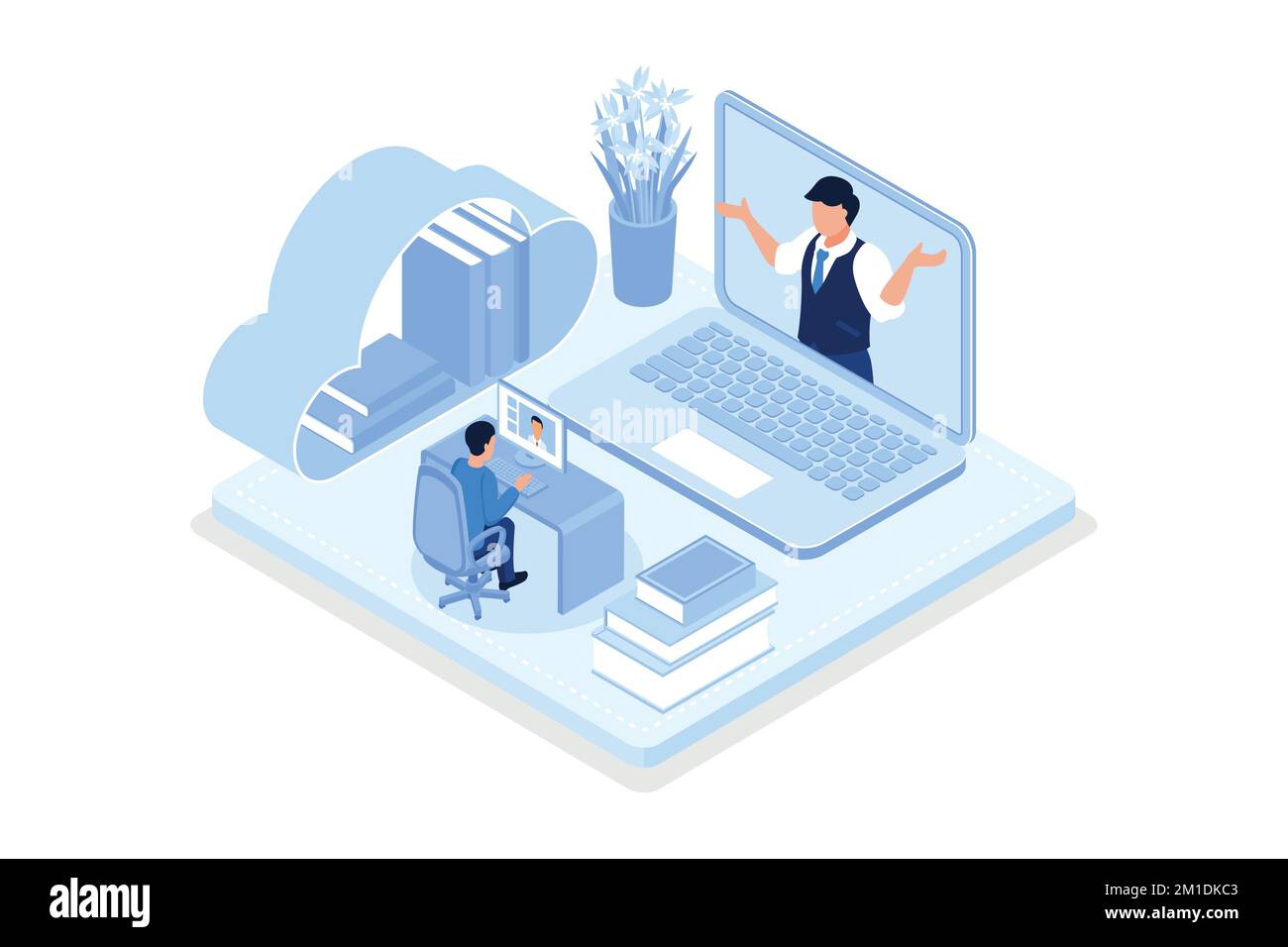 Student learning online at home. Character sitting at desk, looking at ...