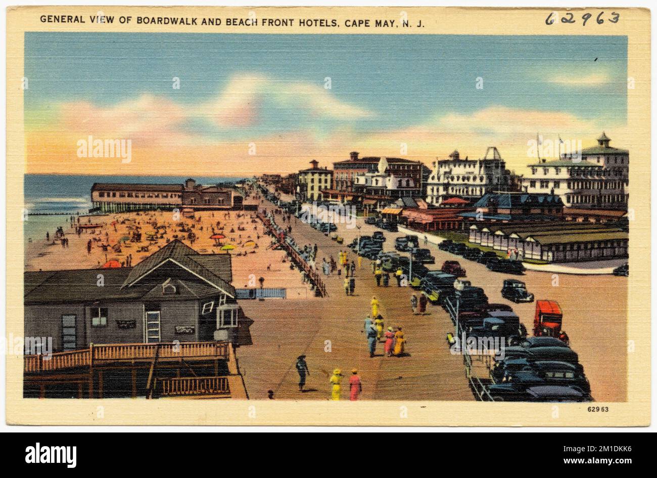 General view of boardwalk and beach front hotels, Cape May, N. J ...