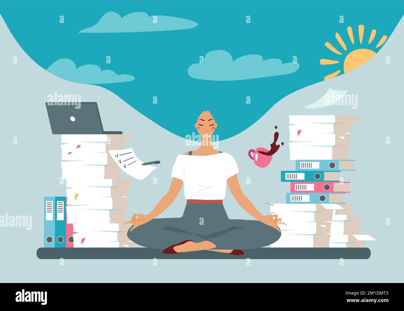 Meditating on the workplace girl surrounded by a bunch of documents and ...