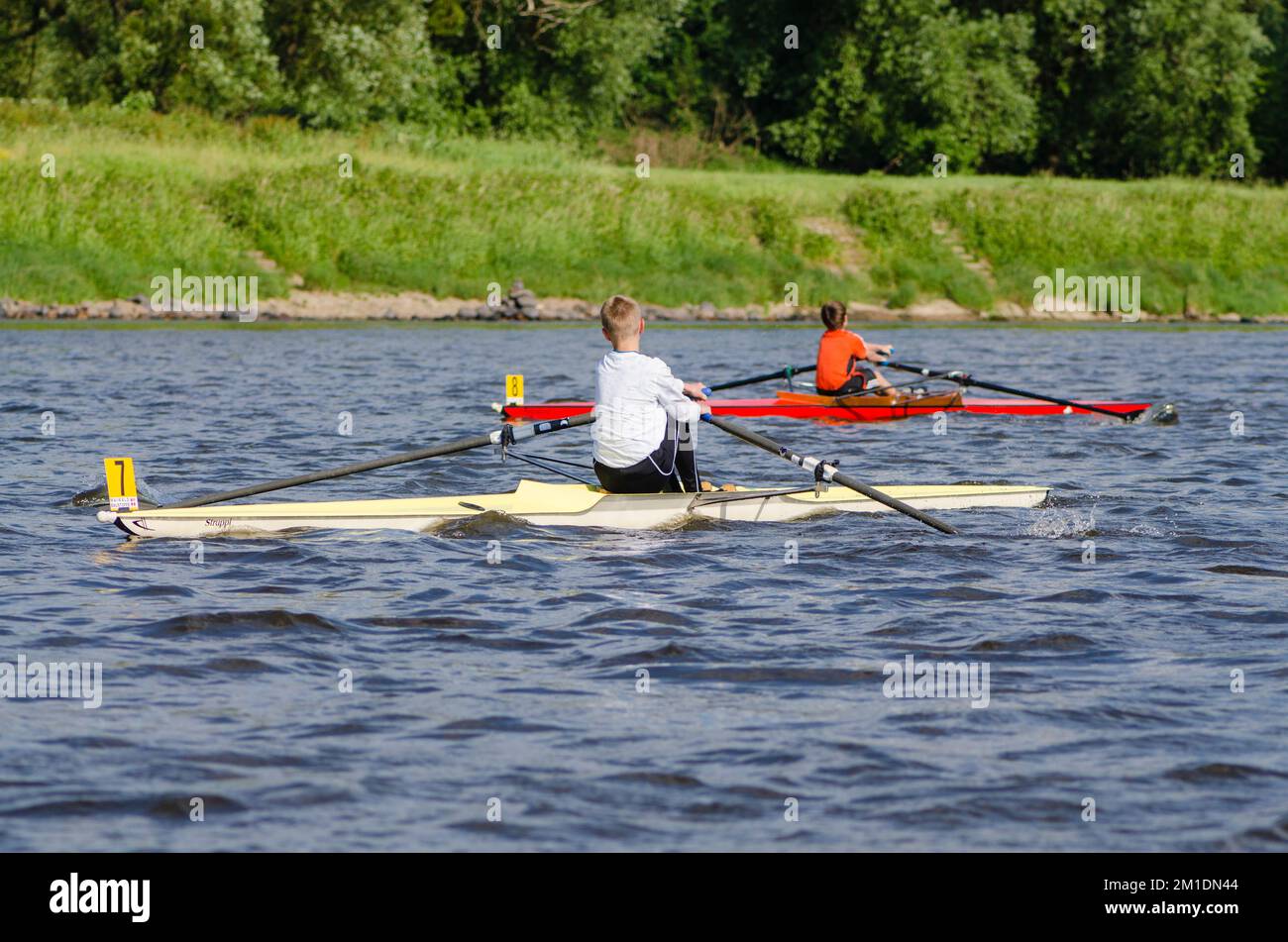 Two boys are rowing sports rowing boats on the river Elbe Stock Photo ...
