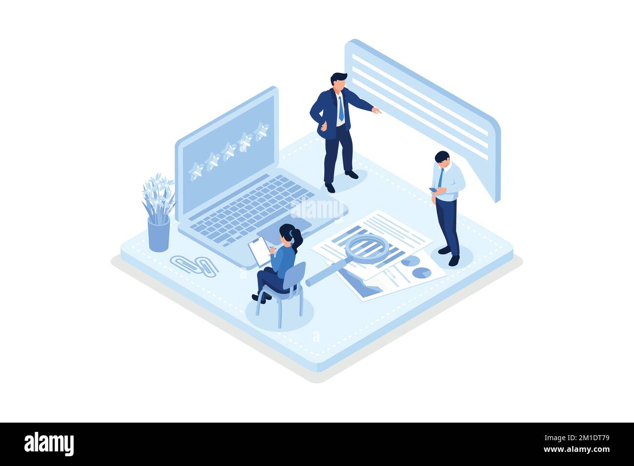 Character pointing on survey form with five star positive customer ...