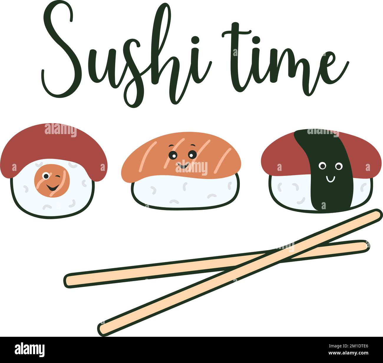 Sushi time concept. Sushi kawaii and lettering vector illustration ...