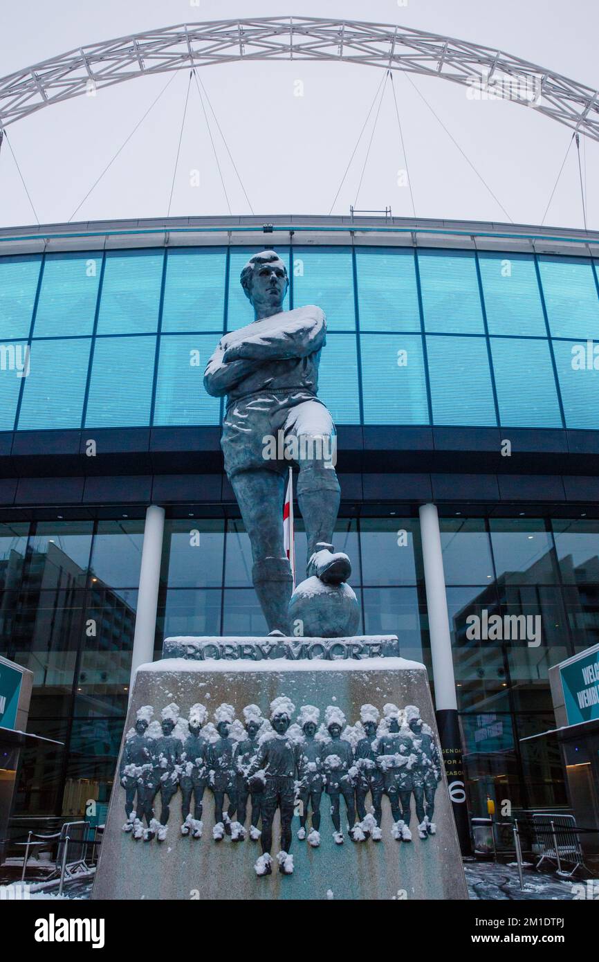 UK WEATHER. Wembley Park, UK. 12th December 2022. Booby Moore Statue in ...