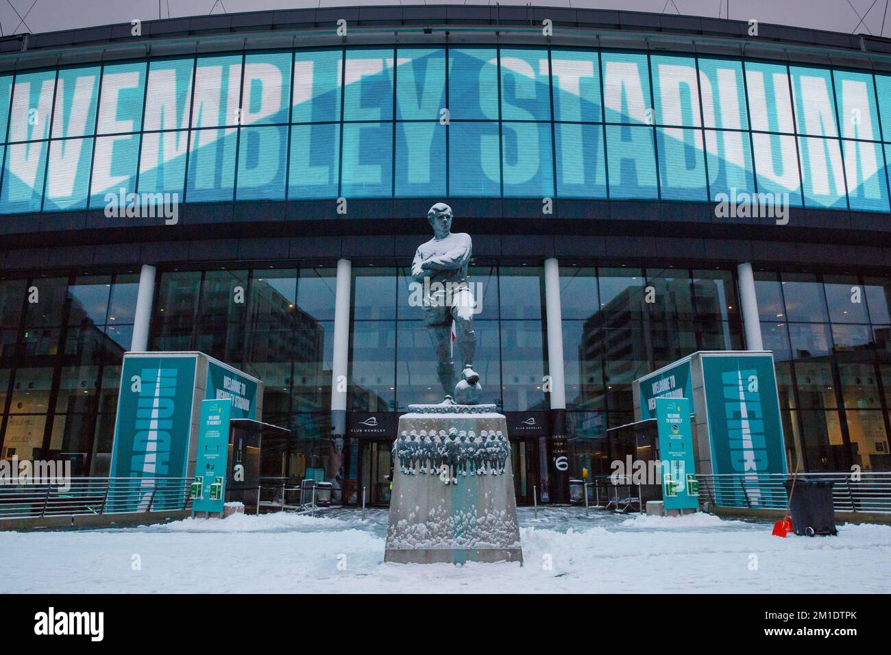 UK WEATHER. Wembley Park, UK. 12th December 2022. Booby Moore Statue in ...