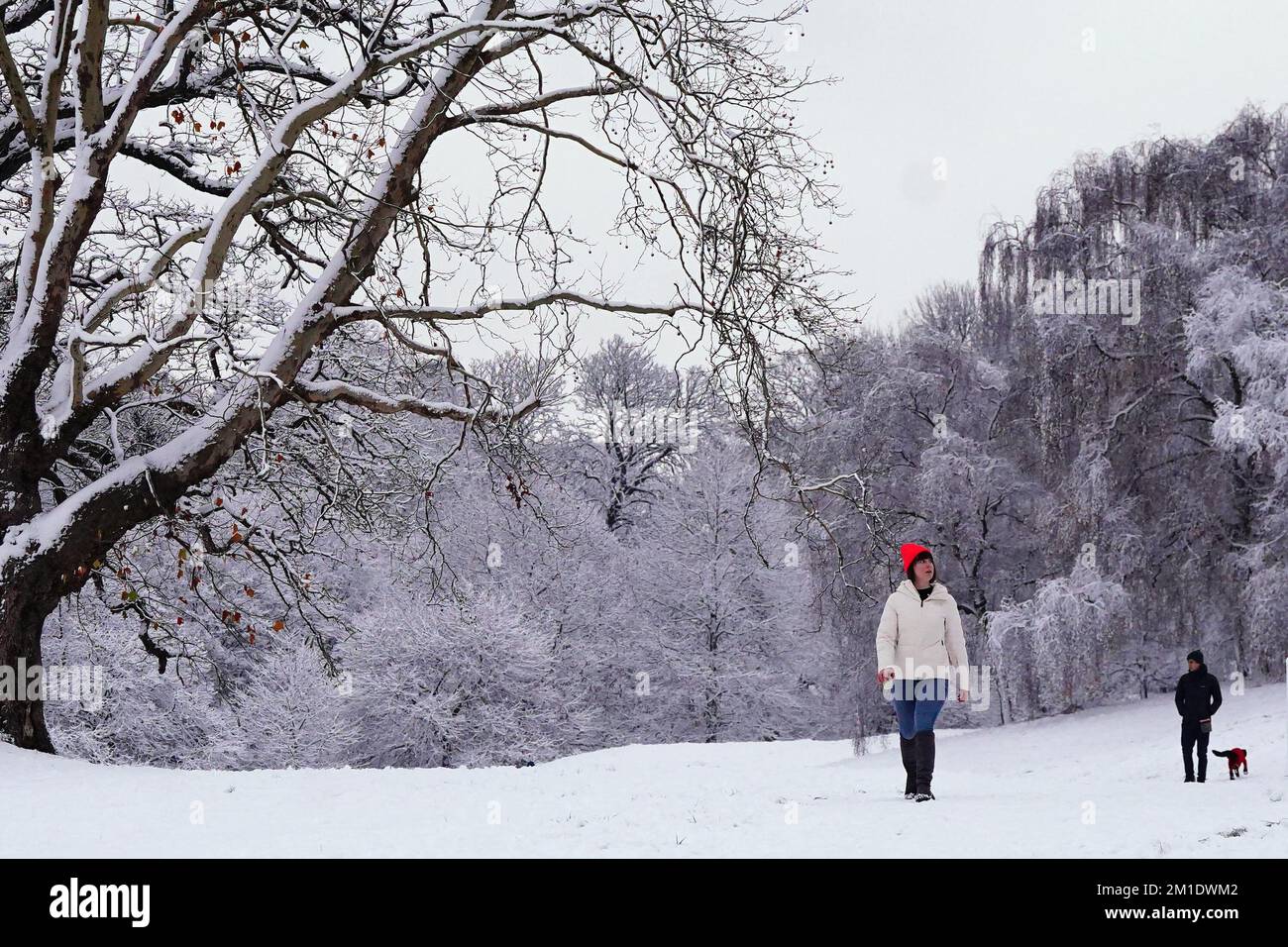 People walk through the snow in Greenwich Park, London. Snow and ice ...