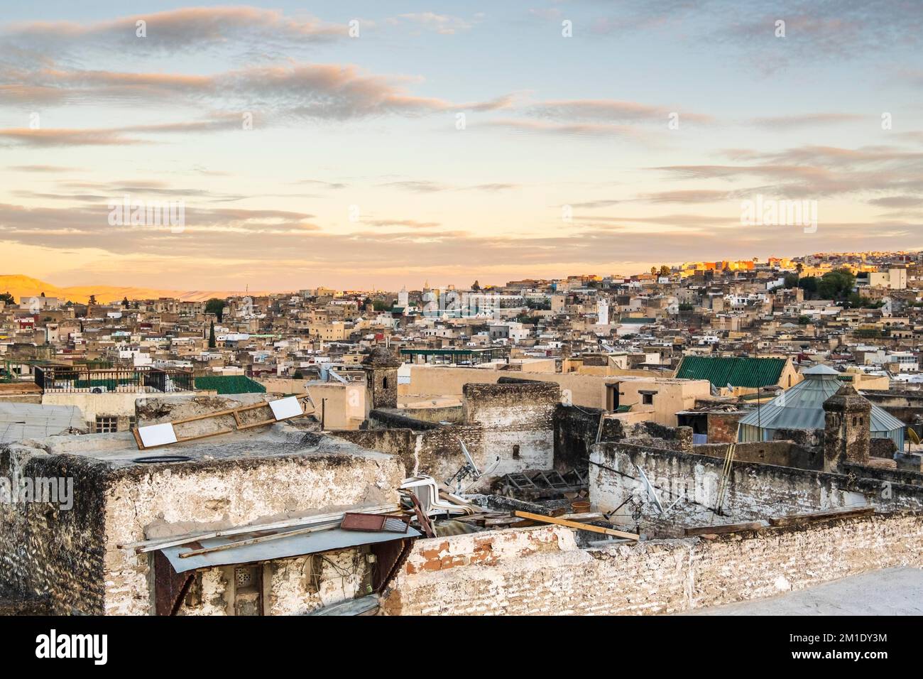 Aerial panoramic view of historic downtown called medina at sunset, Fez ...