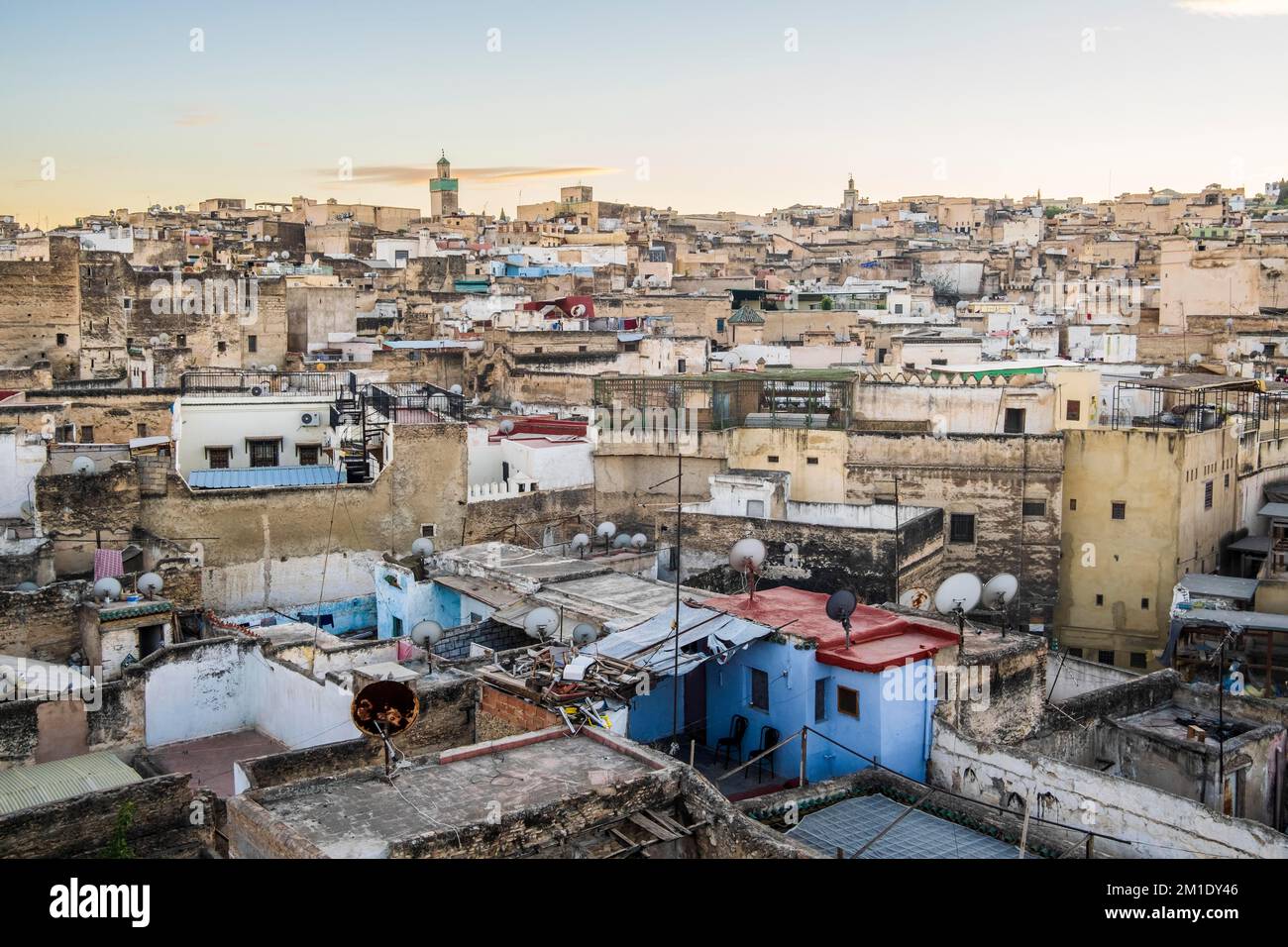 Aerial panoramic view of historic downtown called medina at sunset, Fez ...