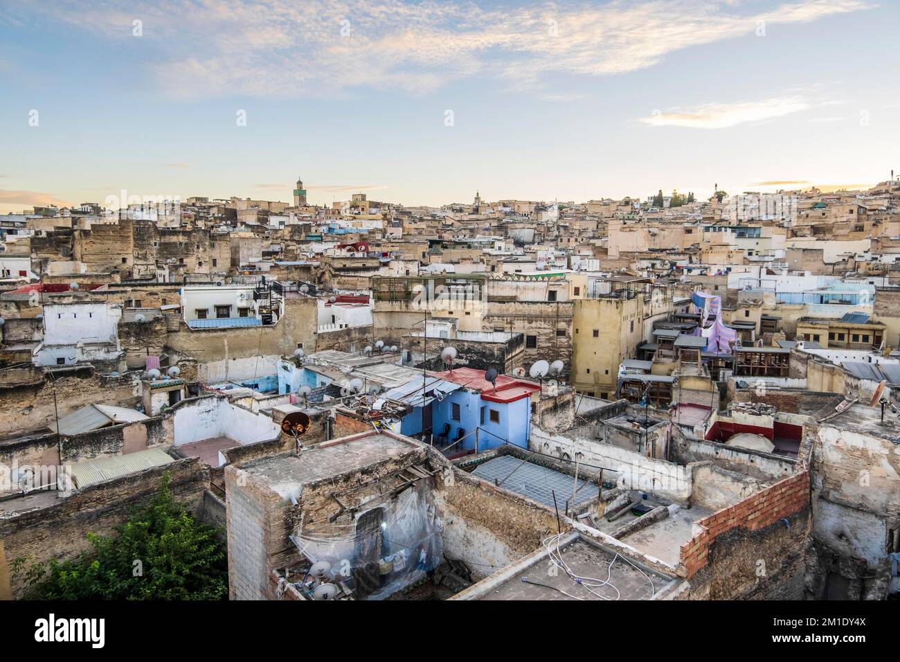 Aerial panoramic view of historic downtown called medina at sunset, Fez ...