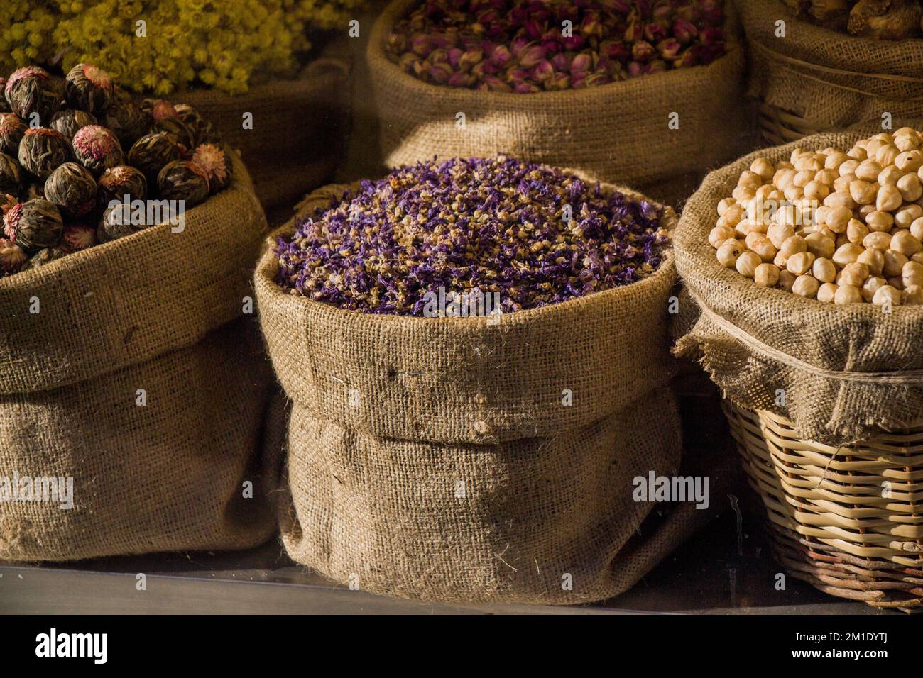 Dry herbal plants at in sacks at the market Stock Photo - Alamy