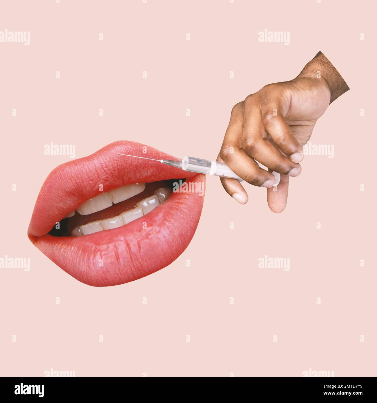Contemporary art collage. Male hand, cosmetologist making female lips ...