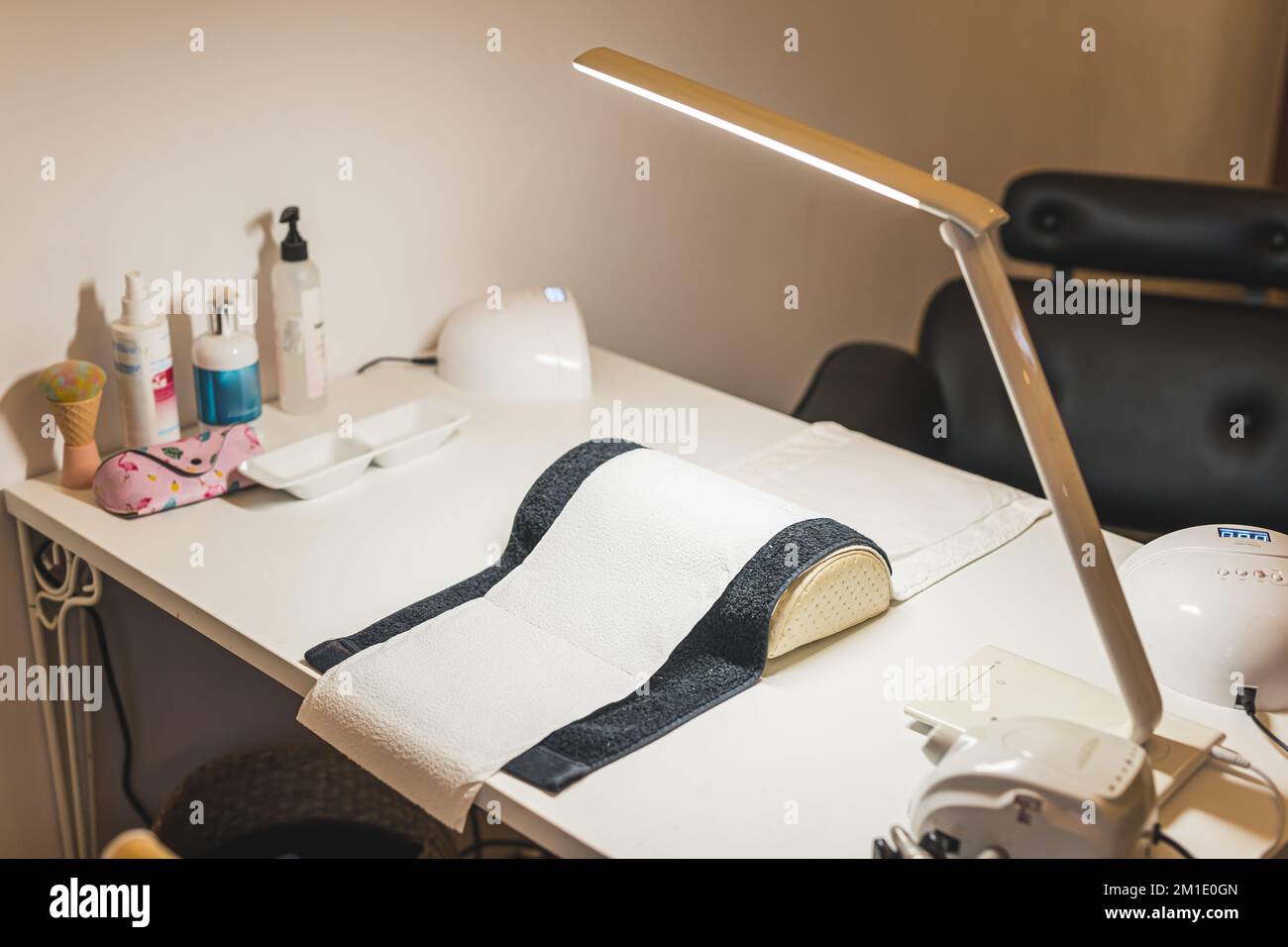 Manicure workplace with professional tools. Beauty salon, no people ...