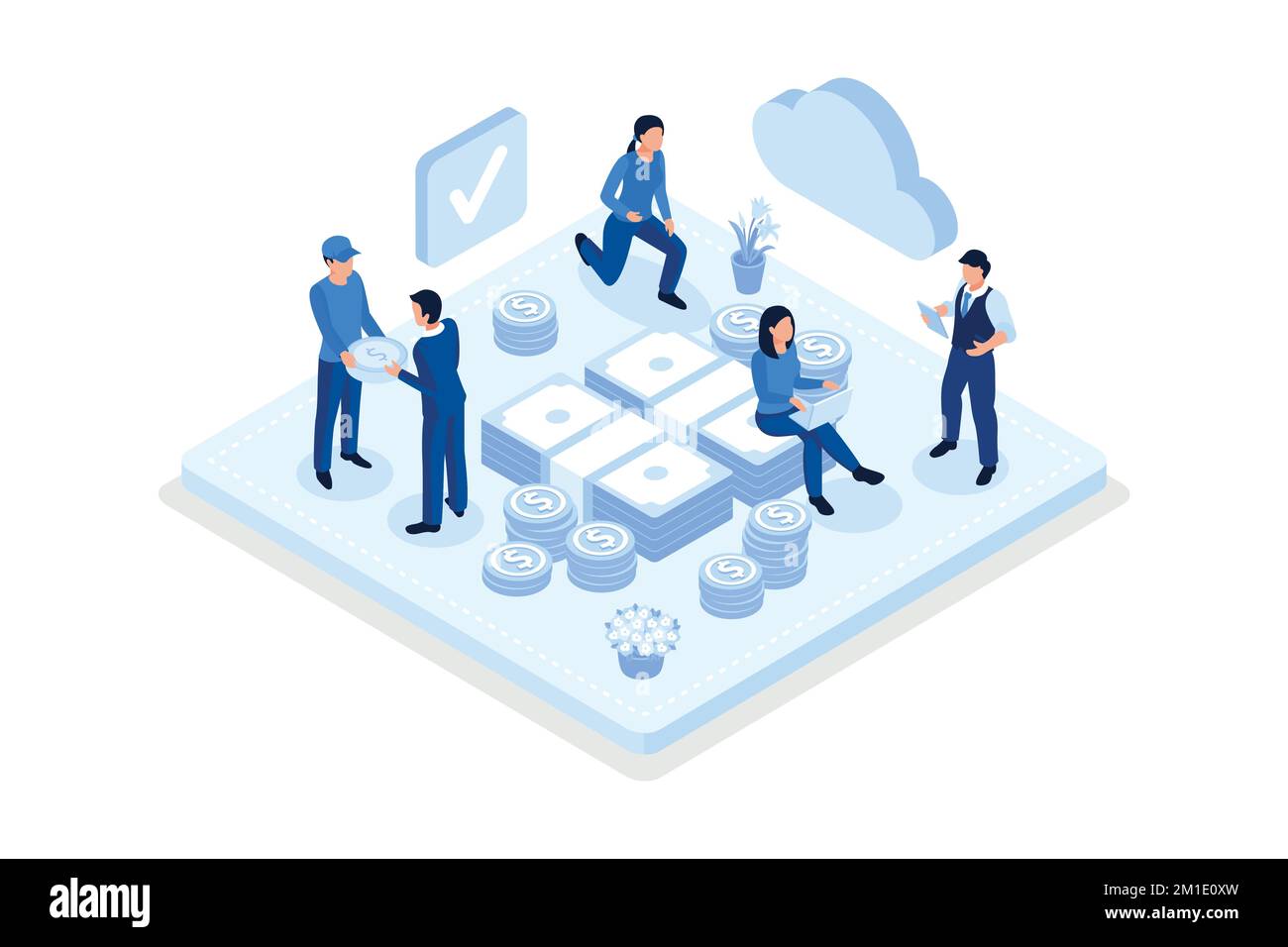 People Characters Standing near Gold Coins Stack and Banknotes Bundle ...