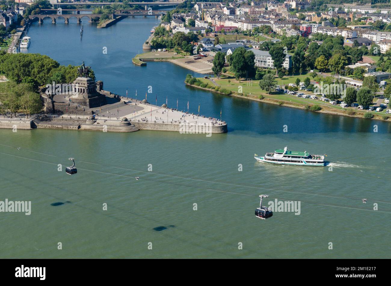 "Deutsches Eck", the confluence of the rivers Rhein and Mosel, seen from castle Ehrenbreitstein ...