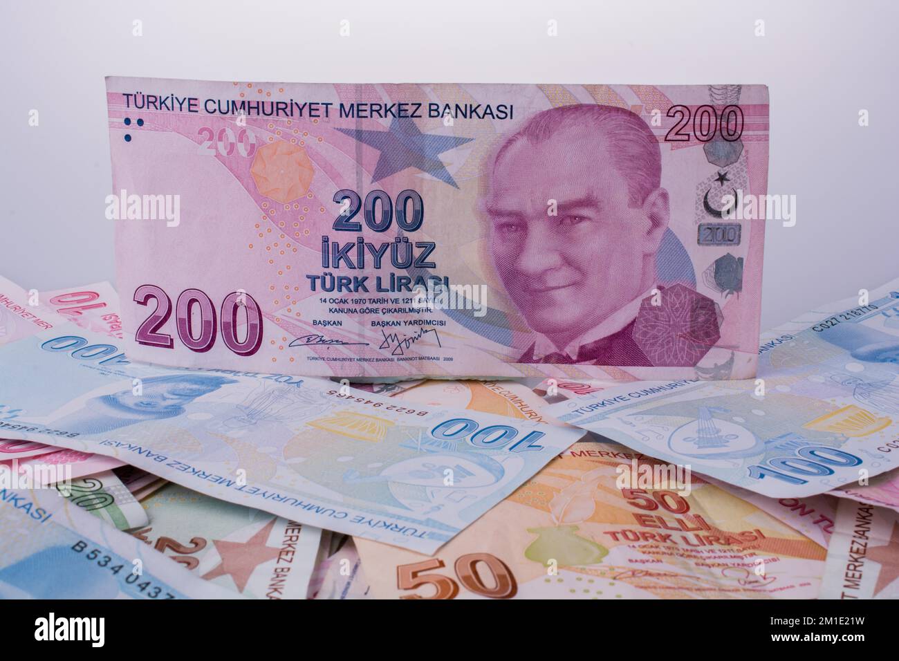 Turksh Lira banknotes of various color, pattern and value on white ...
