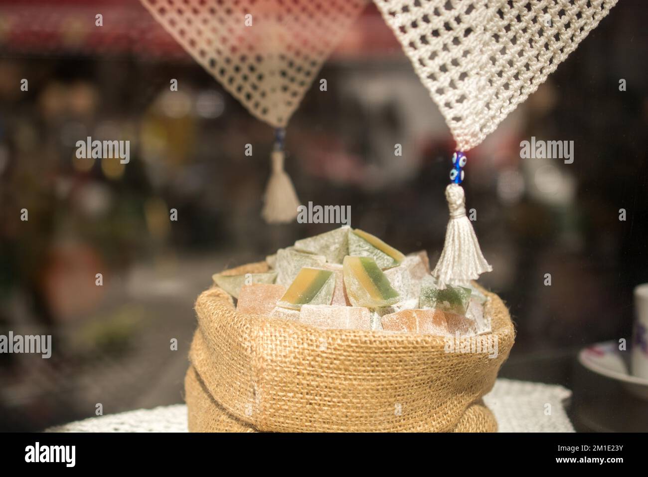 Delicious Turkish delight placed in a linen sack Stock Photo - Alamy