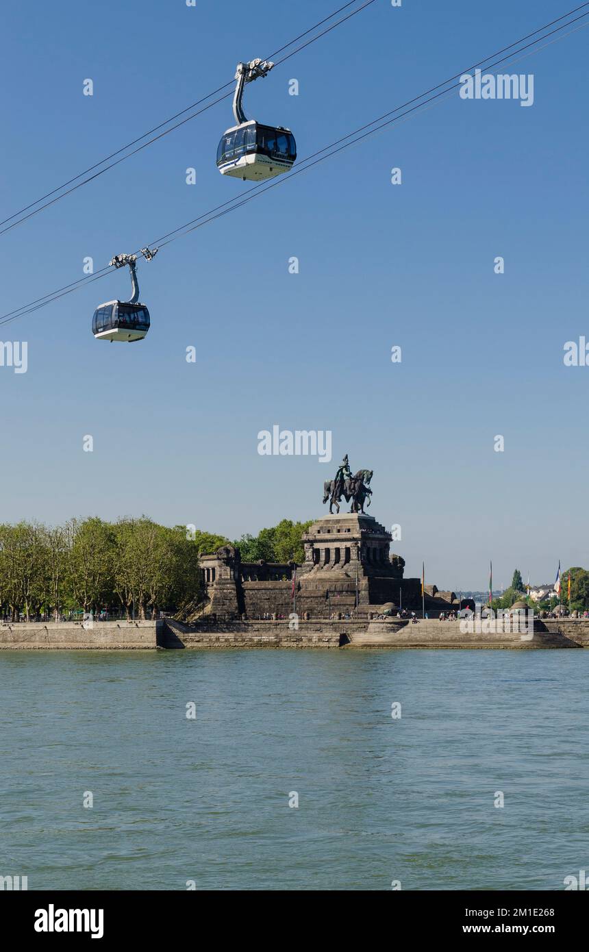 The monument of "Deutsches Eck" and two cabs of the ropeway to castle ...