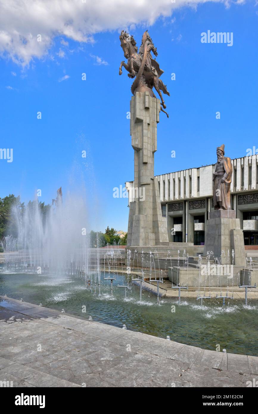 Kyrgyz National Philharmonic house and fountain, statues evocating the ...