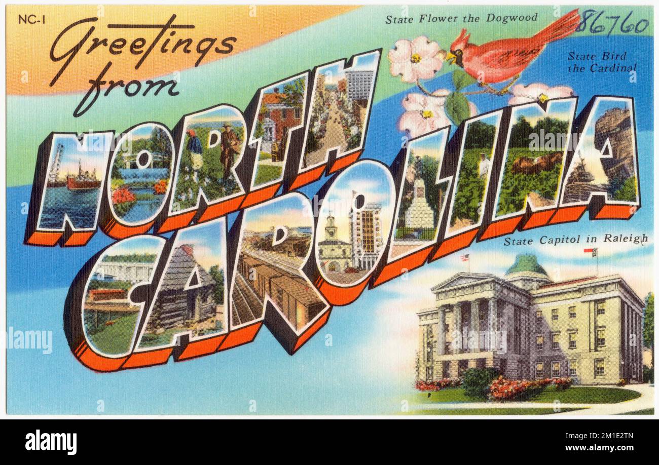 Greetings from North Carolina, state capitol in Raleigh, state flower ...