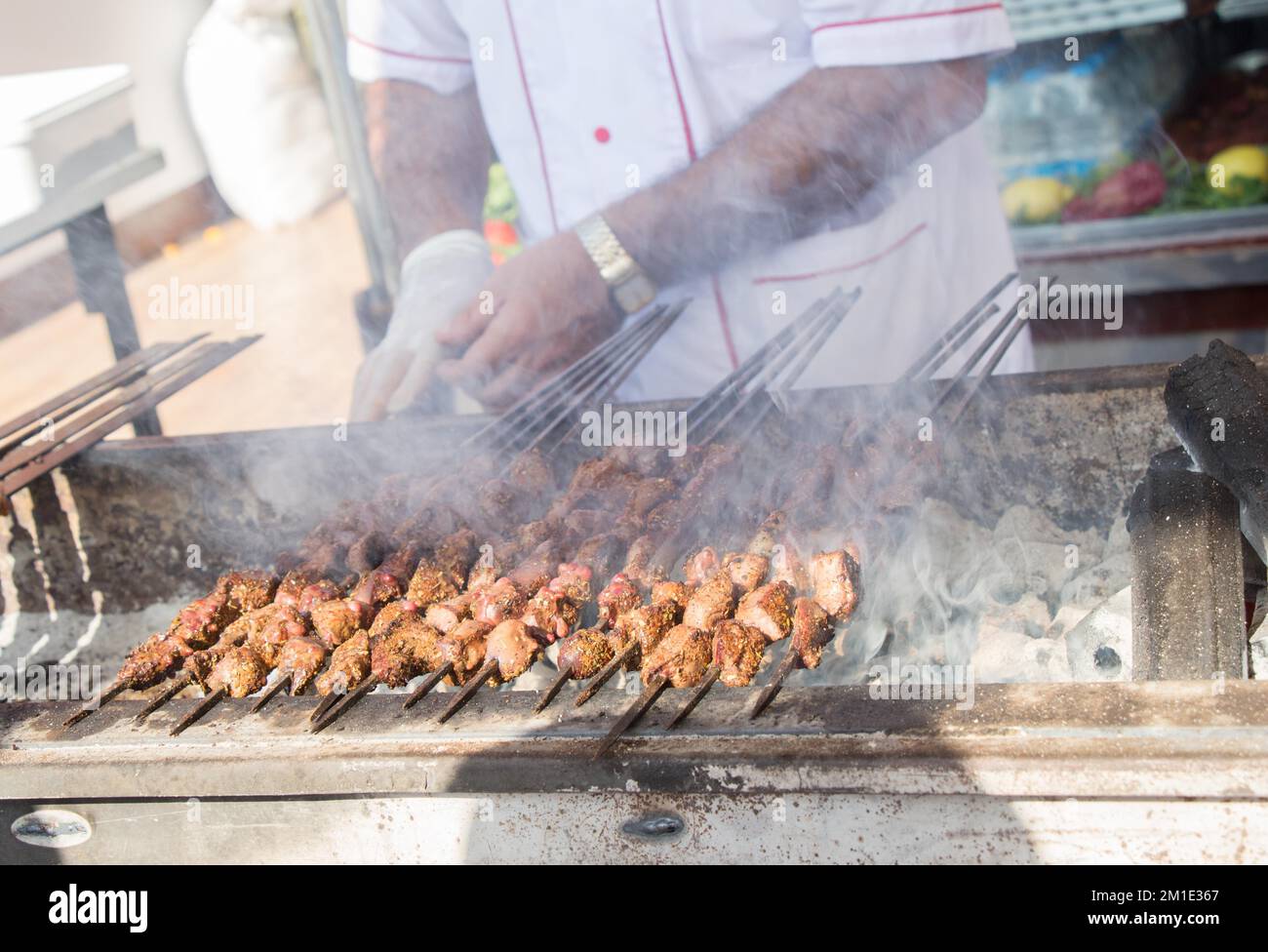 Turkish style meat shashlyk being grilled on grill Stock Photo - Alamy