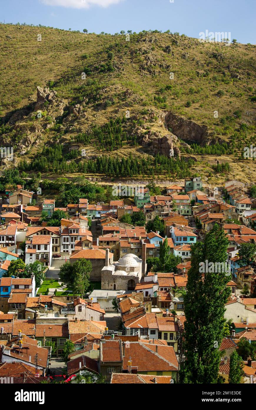 Colorful traditional ottoman houses and a mosque in the old town center ...