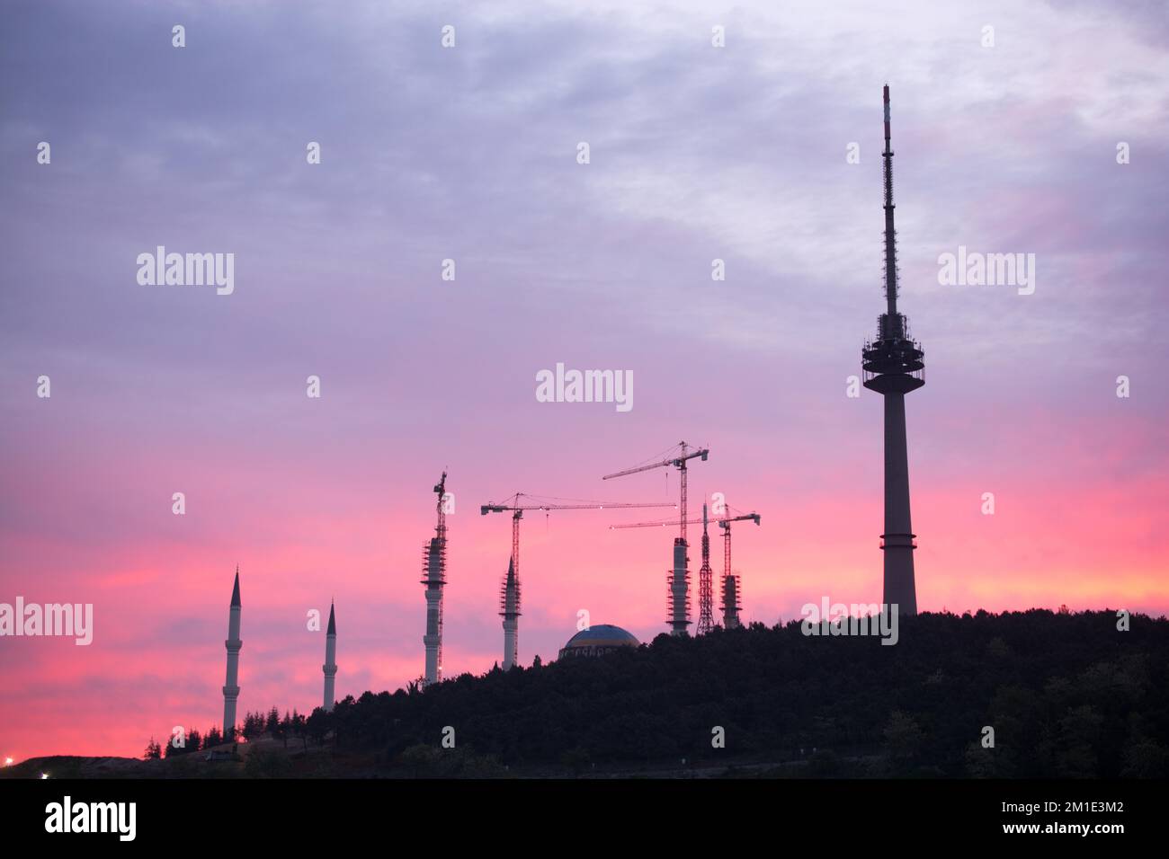 Construction of mosque minarets of Camlica Mosque in the sunset Stock ...