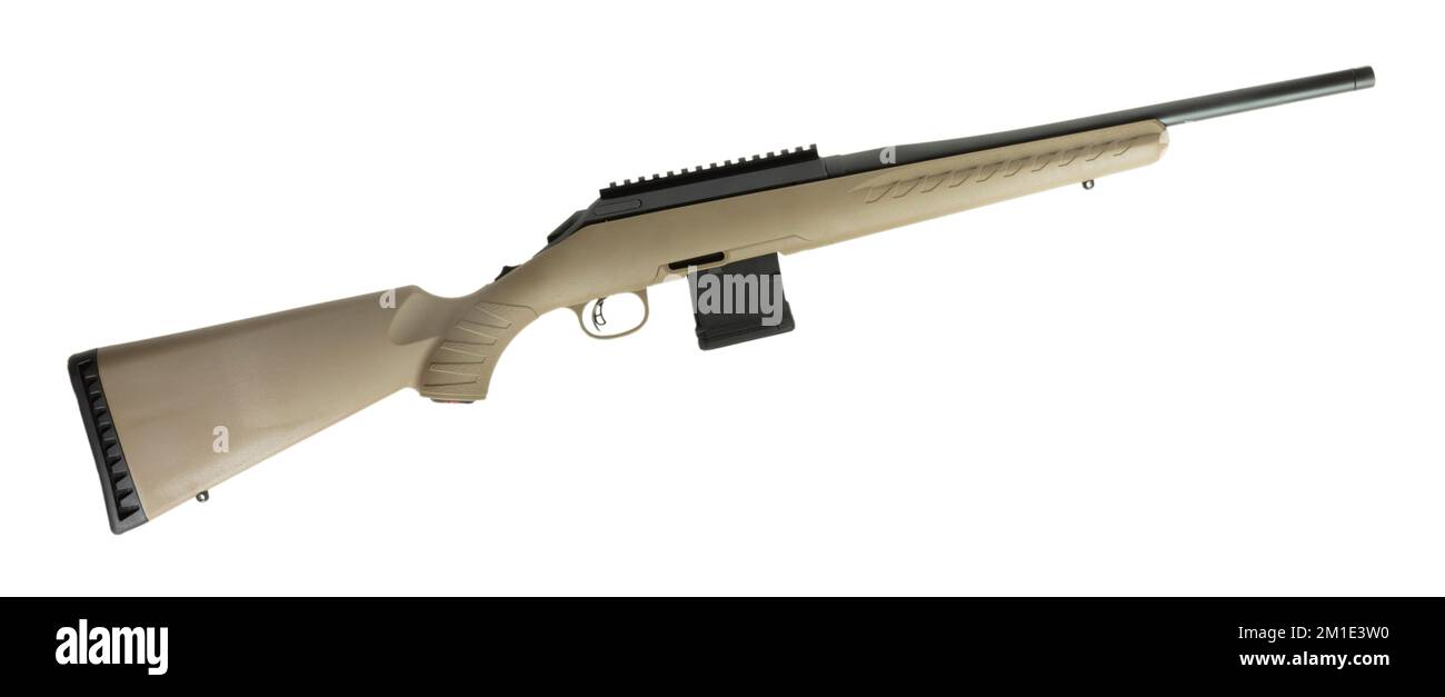 Brown bolt action rifle with magazine inserted isolated on a white ...