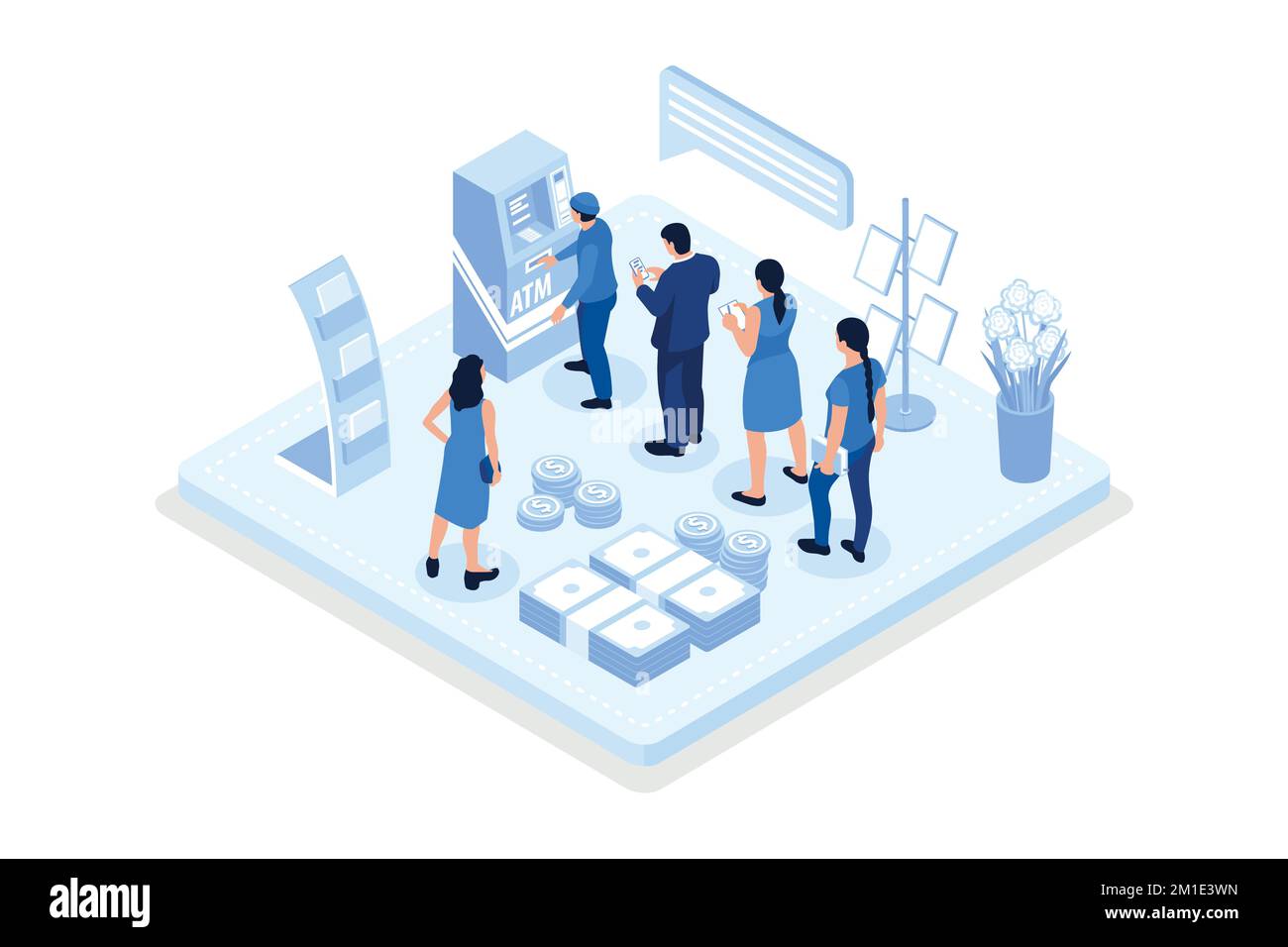 People waiting in line near atm machine. Can use for web banner ...