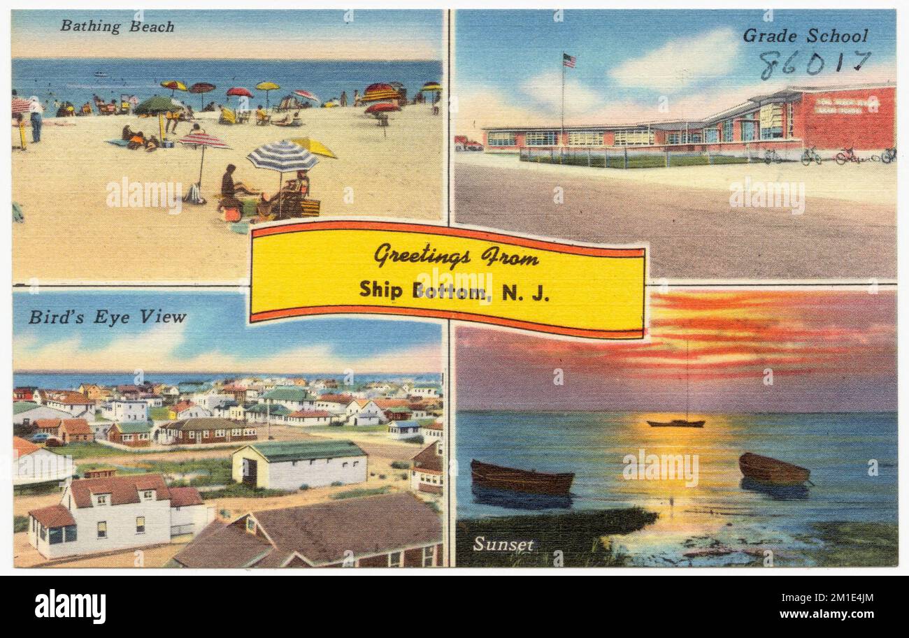 Greetings from Ship Bottom, N. J. -- bathing beach, grade school, bird ...