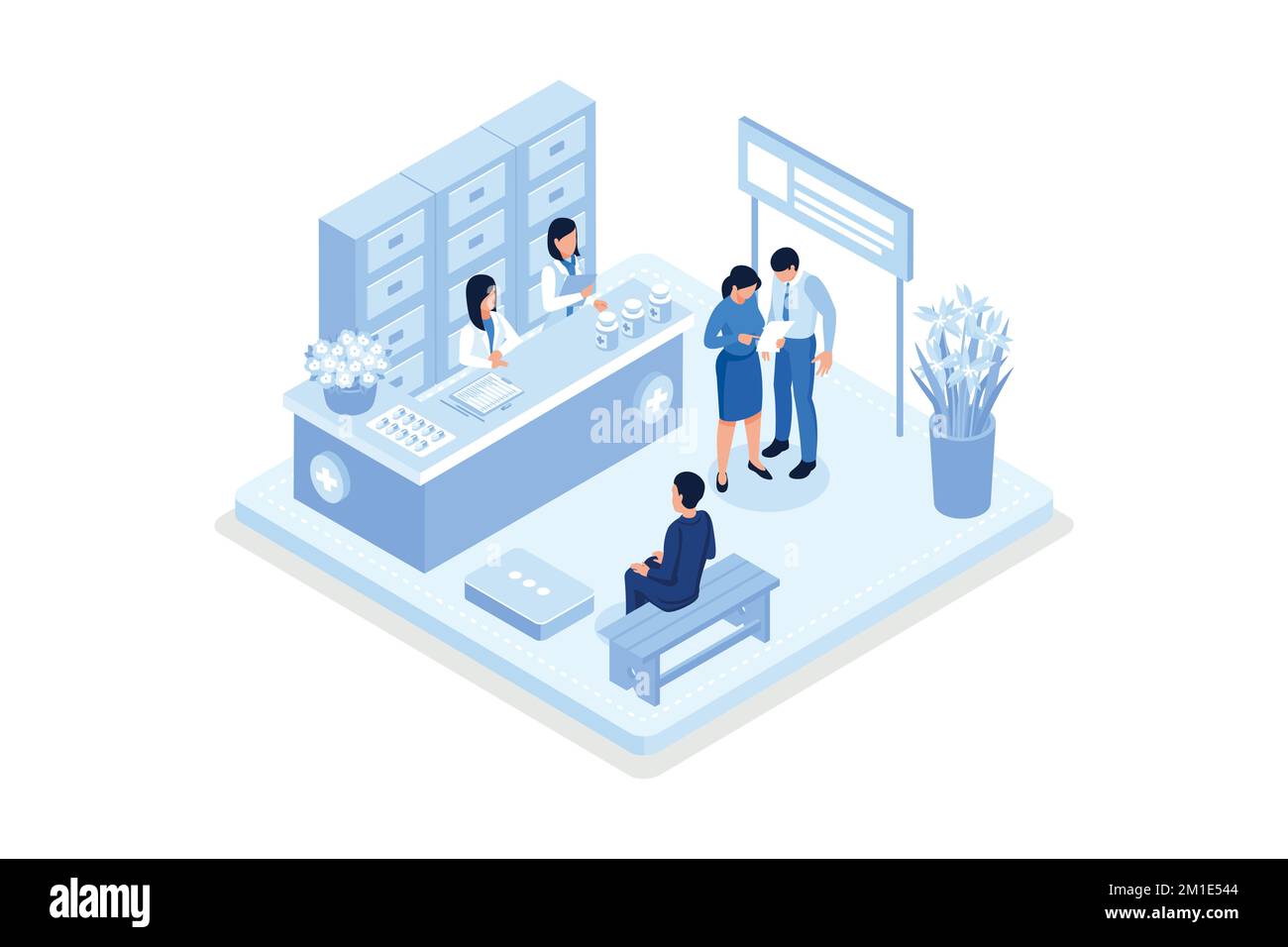 Doctor pharmacist and patient in drugstore. Can use for web banner, infographics, hero images ...