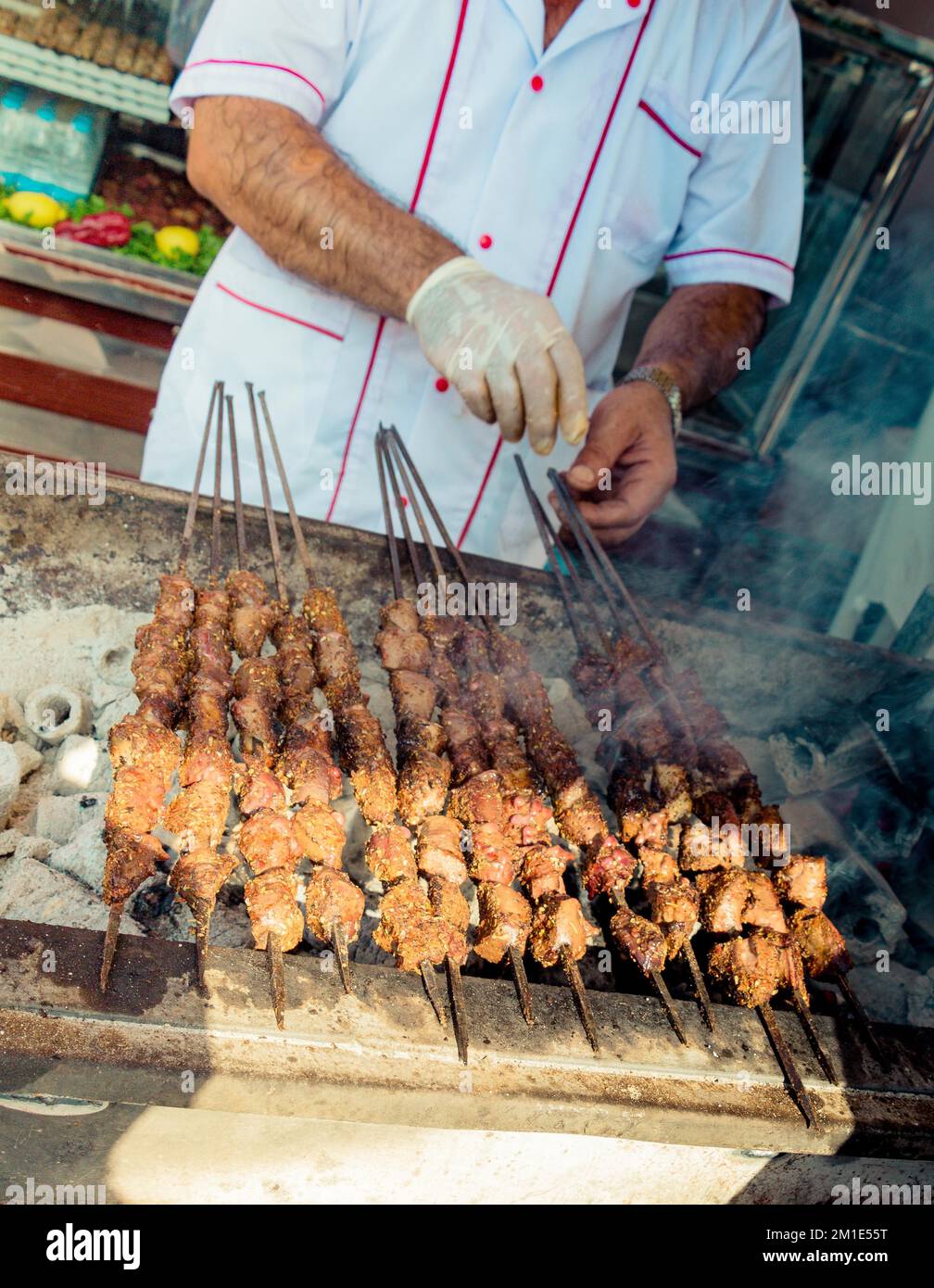Turkish style meat shashlyk being grilled on grill Stock Photo - Alamy