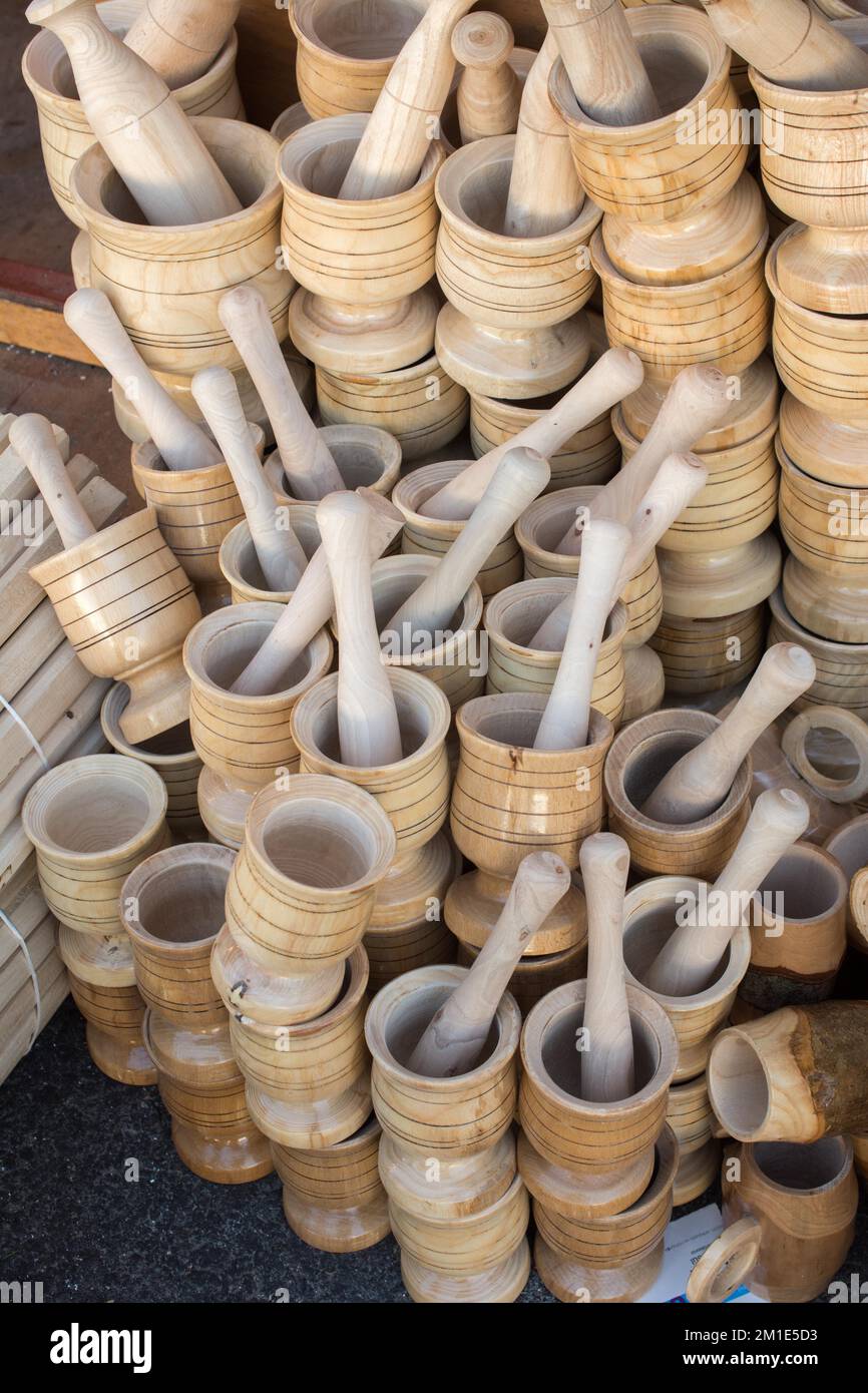 Wooden mortars and pestles as a traditional kitchenware Stock Photo - Alamy