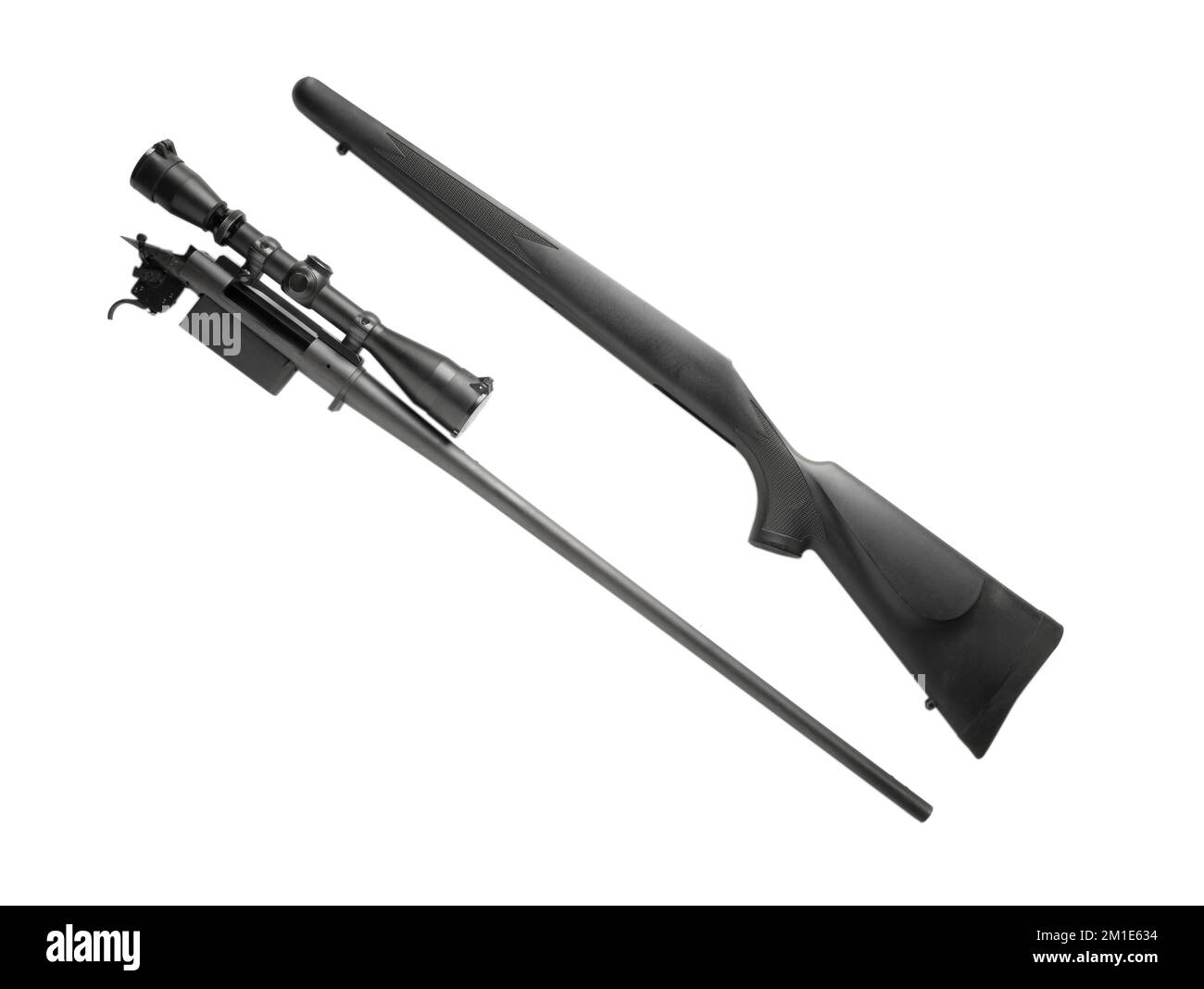 Bolt action rifle and scope separated from its stock isolated on white ...